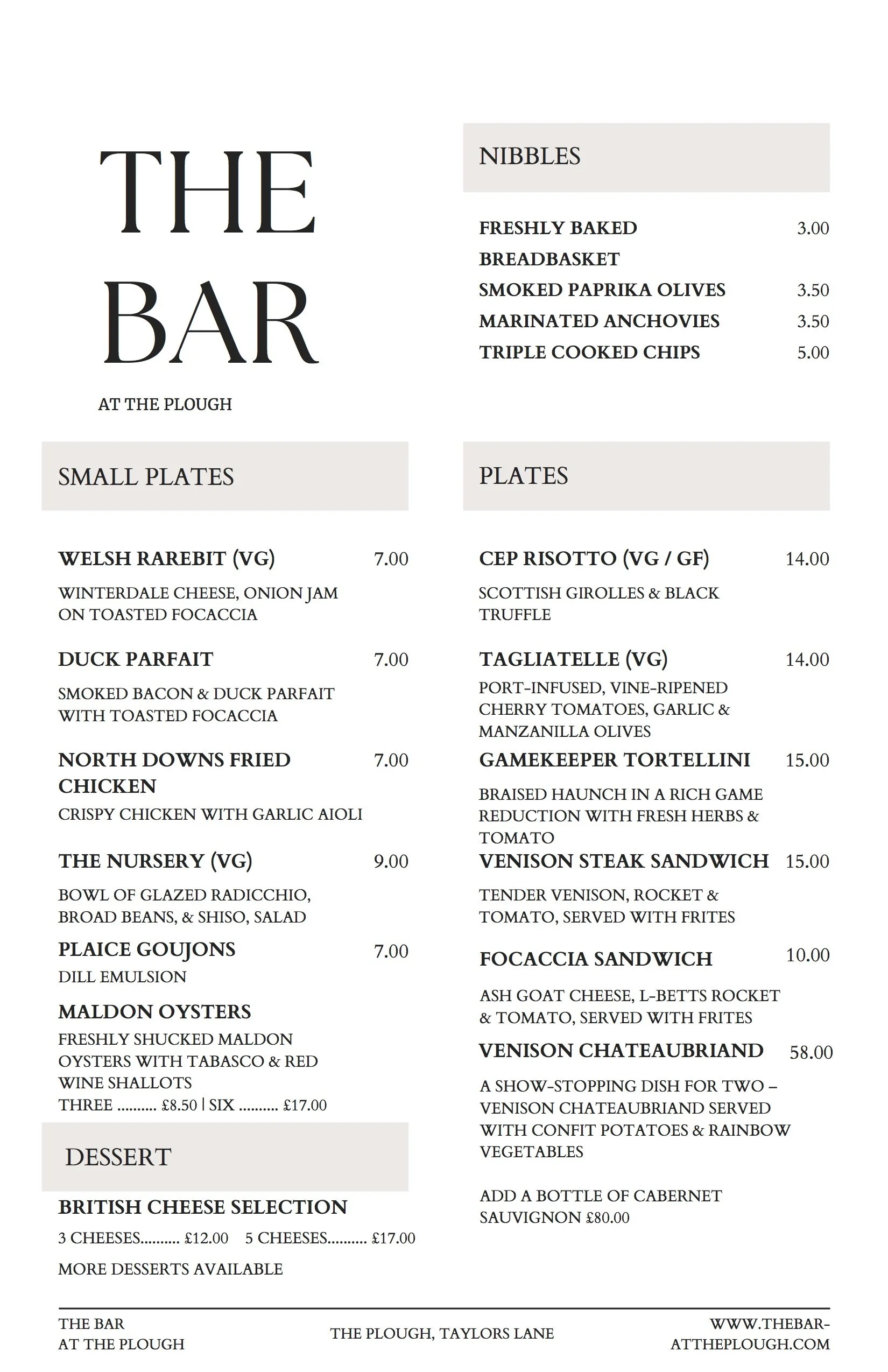 Menus — The Bar - At The Plough