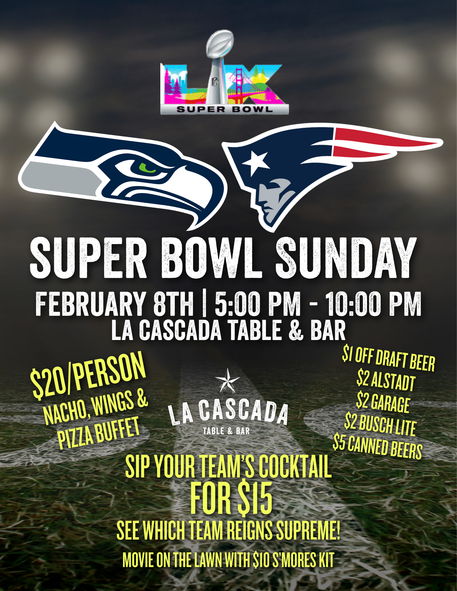 Super Bowl Sunday at La Cascada Table & Bar — Boerne Love