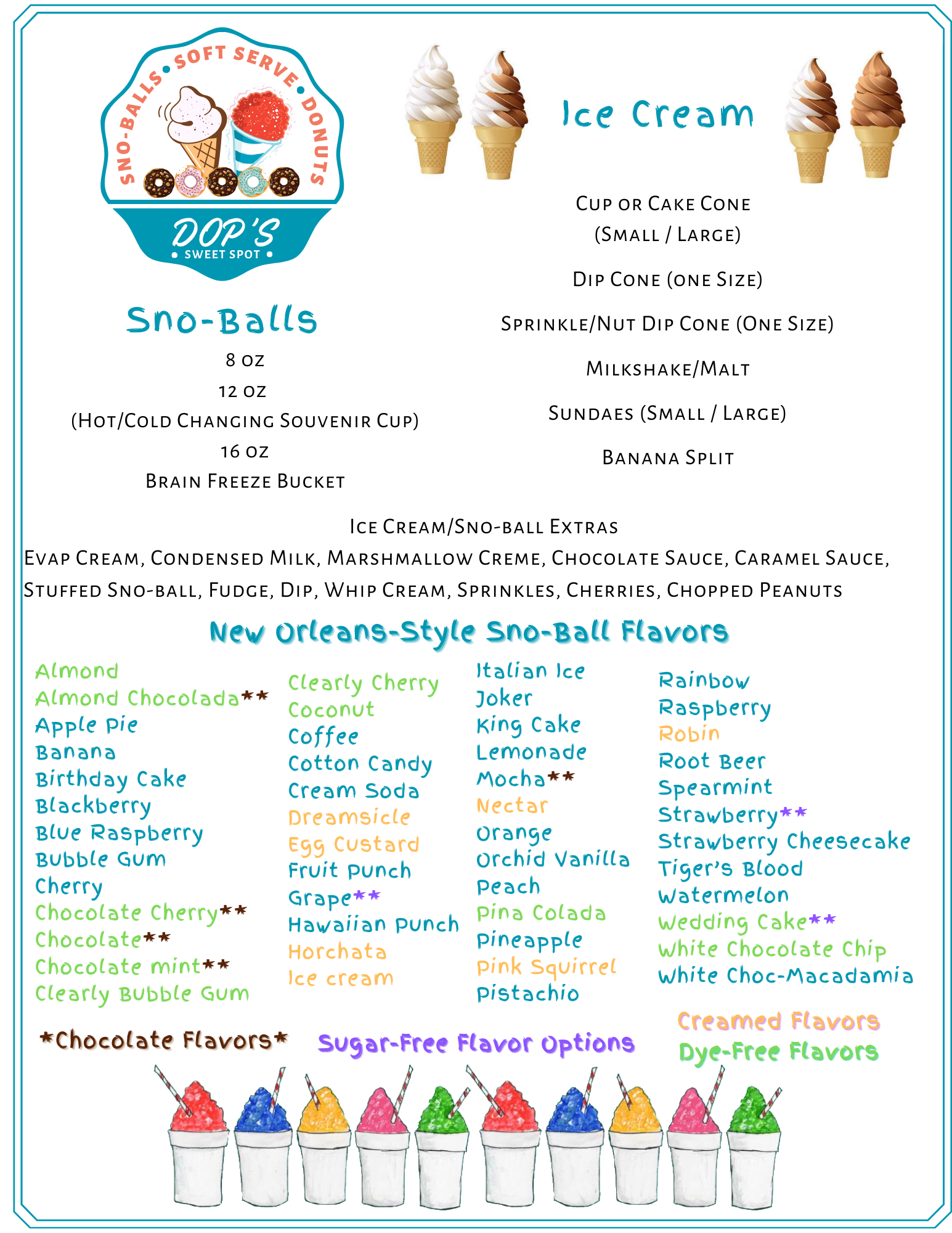 DOP's Sweet Spot Menu | Sno-Balls, Soft-Serve Ice Cream, and Toppings ...
