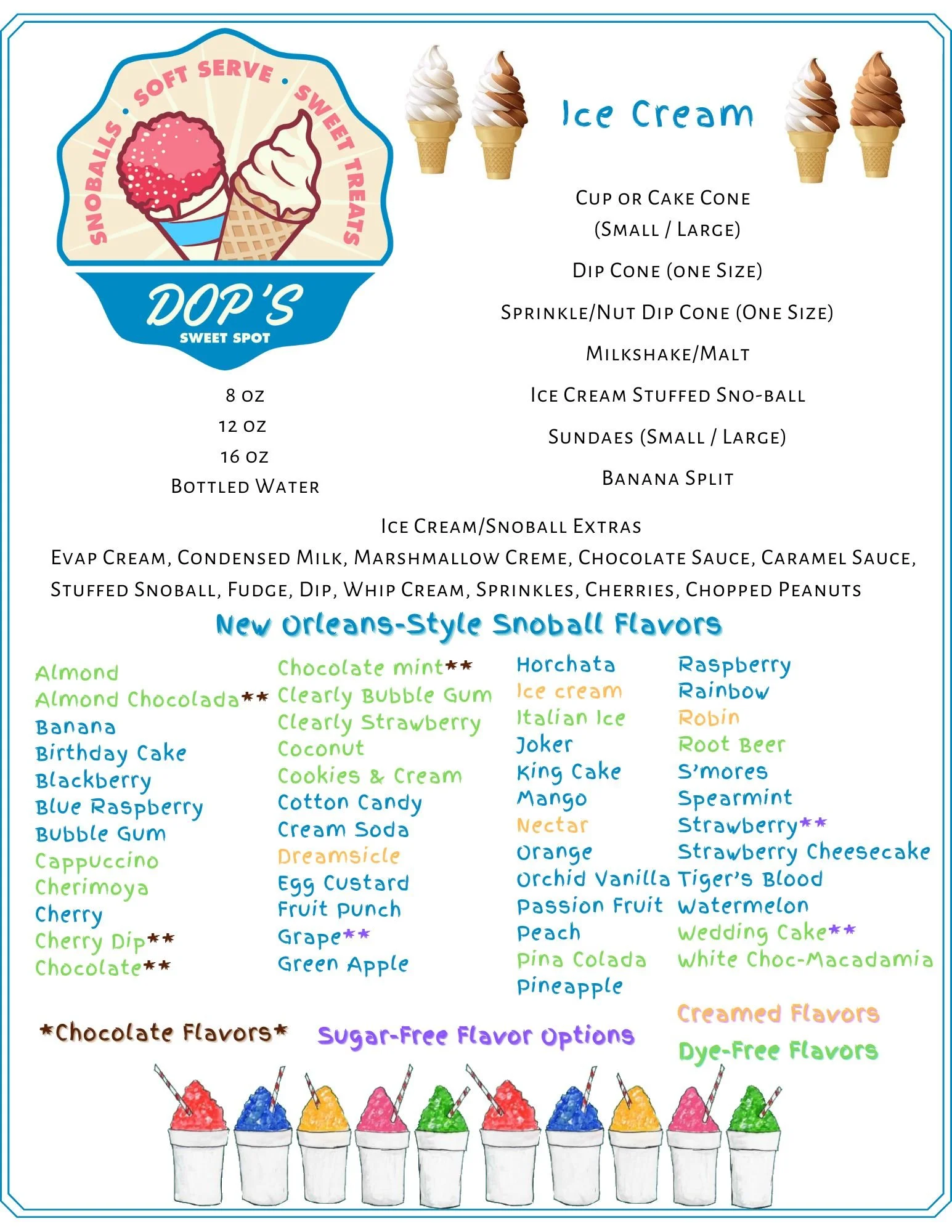DOP's Sweet Spot Menu | Sno-Balls, Soft-Serve Ice Cream, and Toppings ...