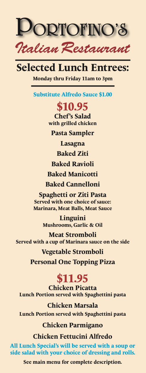 Authentic Italian Lunch Menu | Portofino's Italian Restaurant Ankeny ...