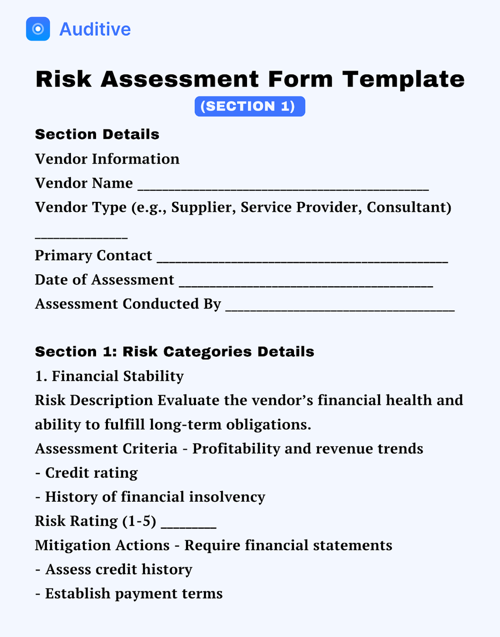 Vendor Assessment and Evaluation Guide with Risk Assessment Form — Auditive