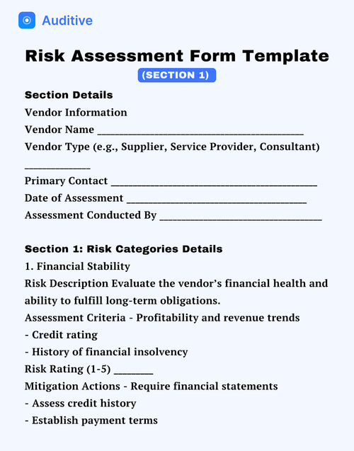 Vendor Assessment and Evaluation Guide with Risk Assessment Form — Auditive
