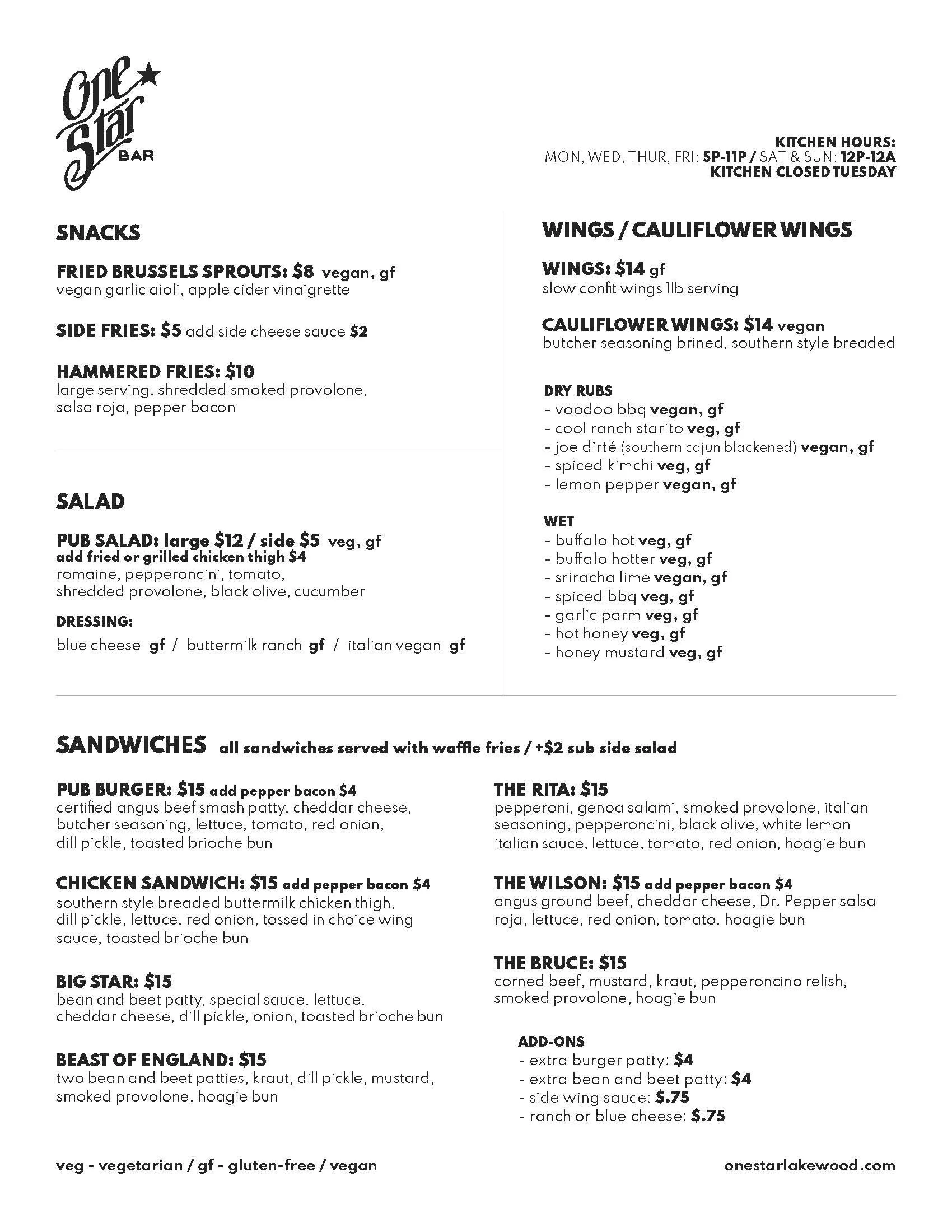 Menu — One Star Bar