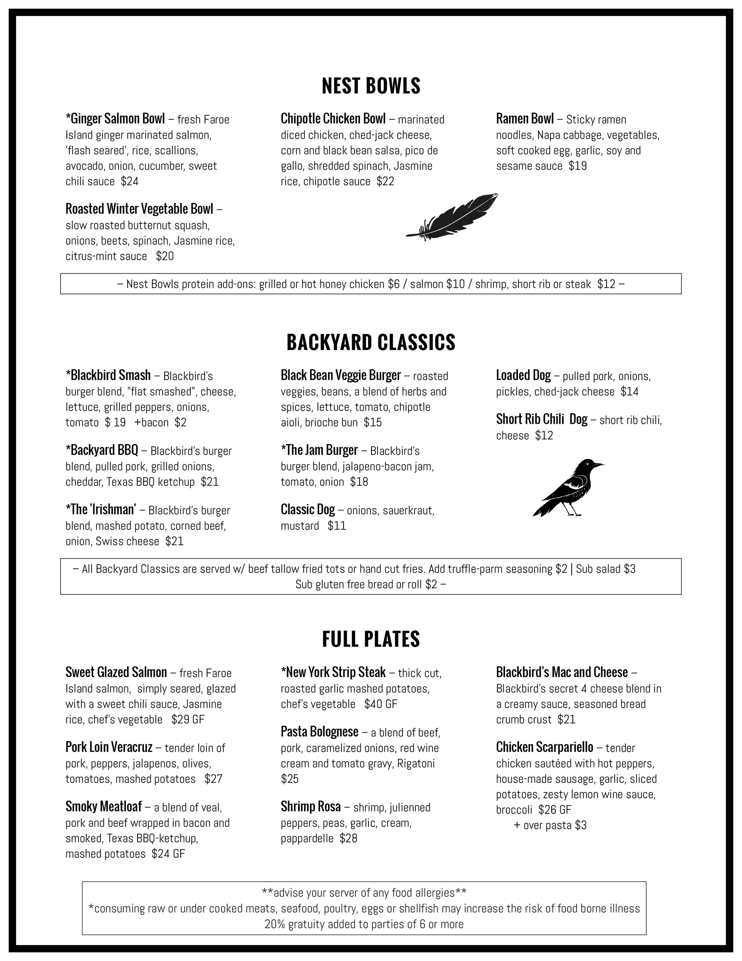 Menu — BLACKBIRD'S NEST