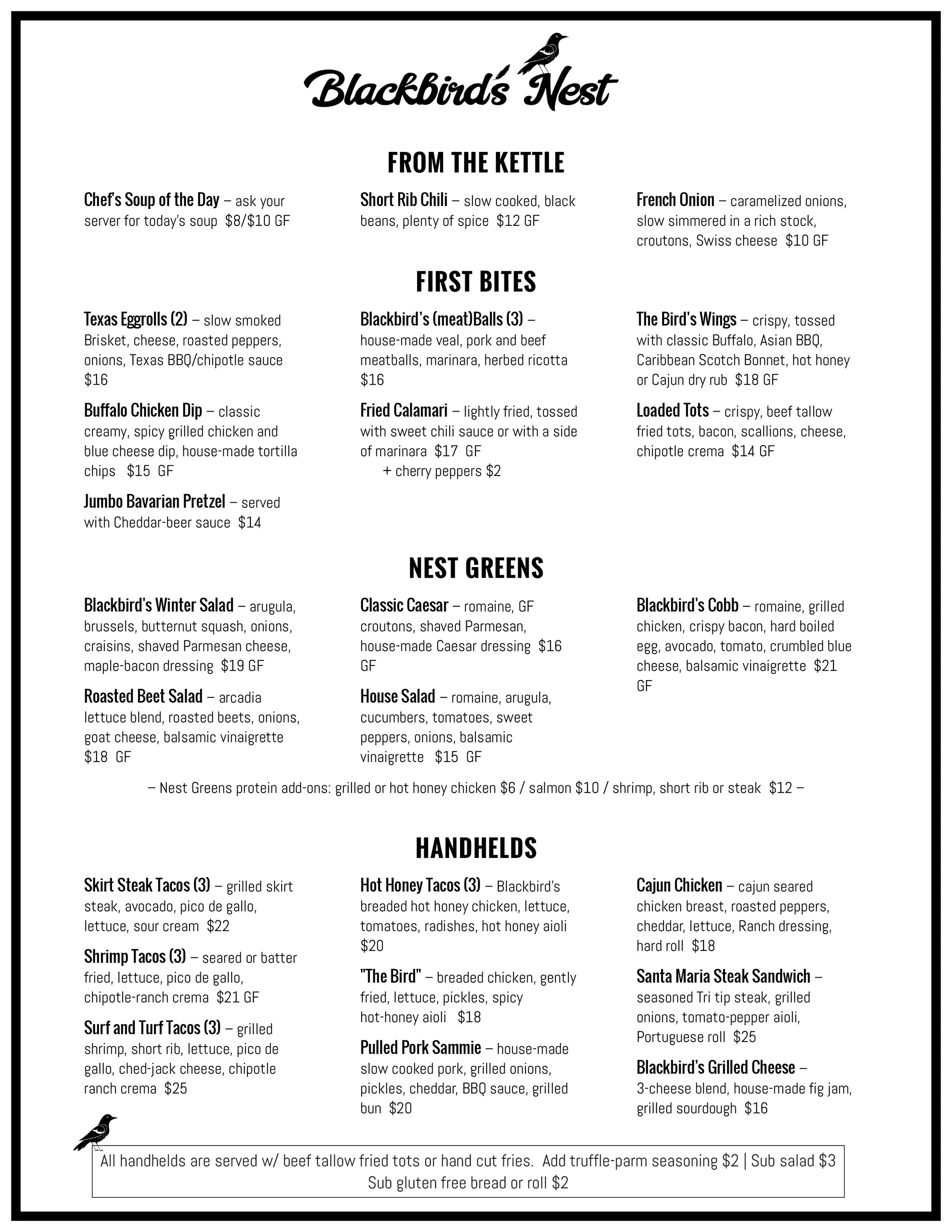 Menu — BLACKBIRD'S NEST