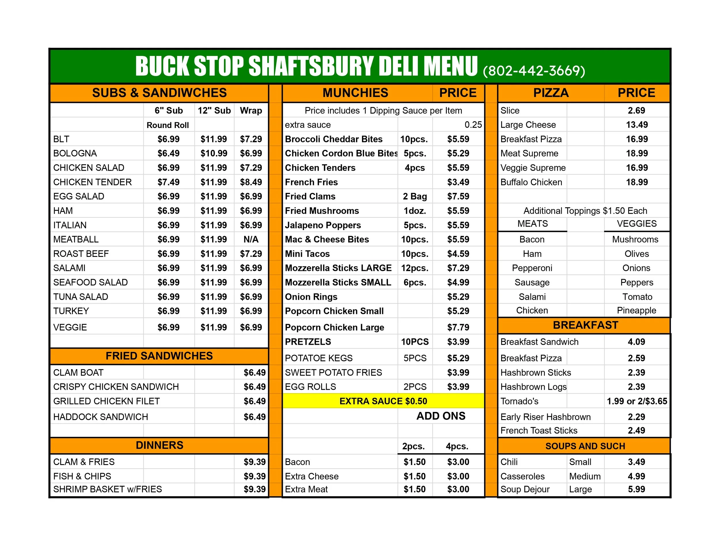 Menu 1 — Buck Stop Shaftsbury