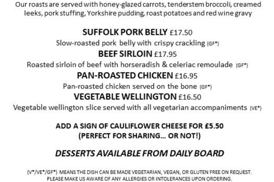 Menu — The King's Head, Yoxford