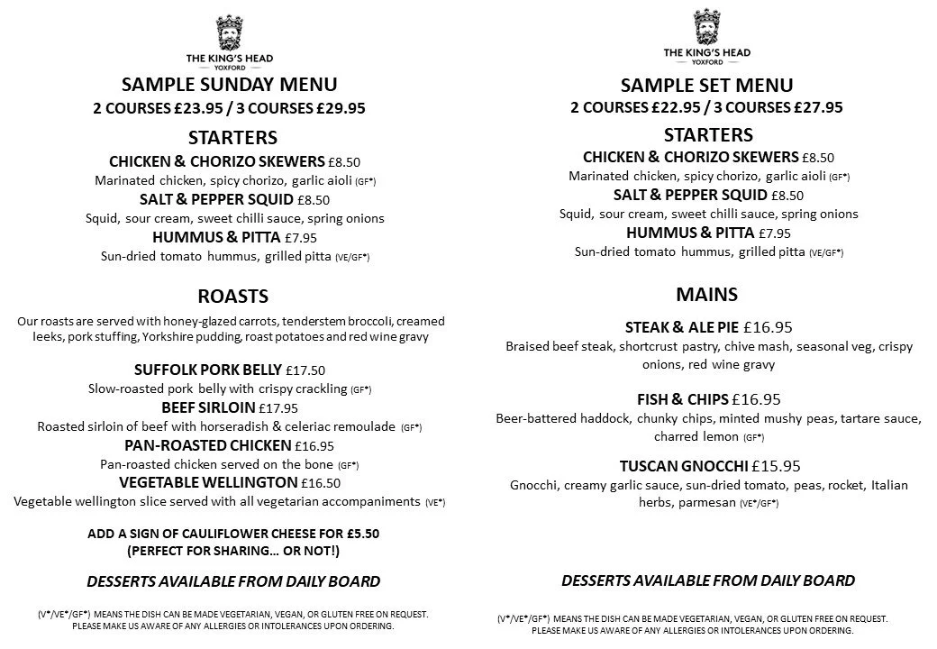 Menu — The King's Head, Yoxford