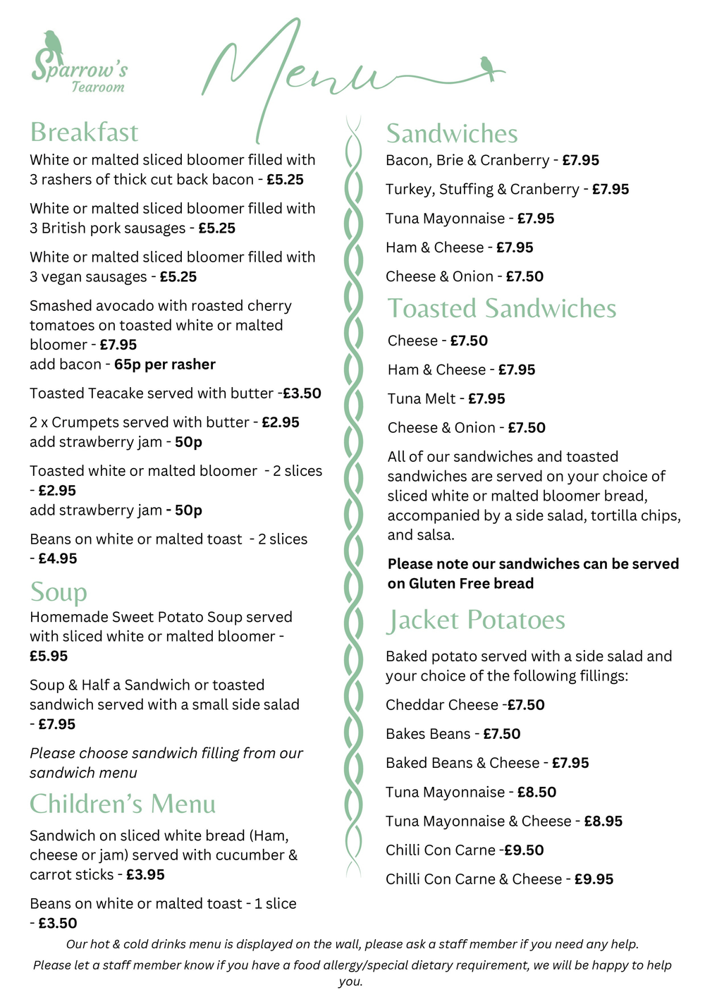MAIN MENU — Sparrows Tearoom
