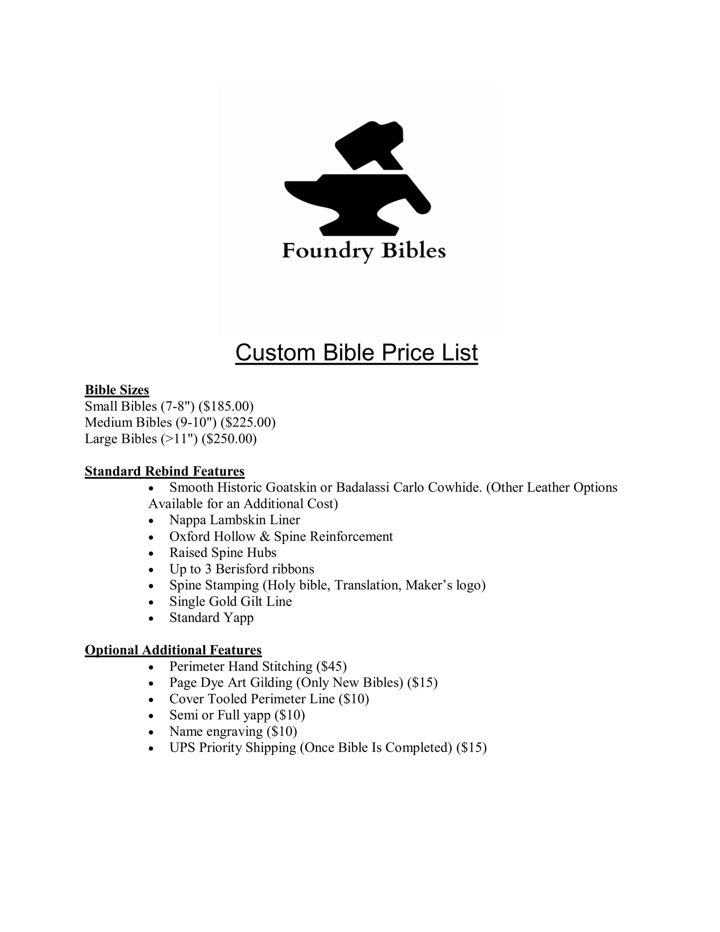 Custom Bible Pricing — Foundry Bibles