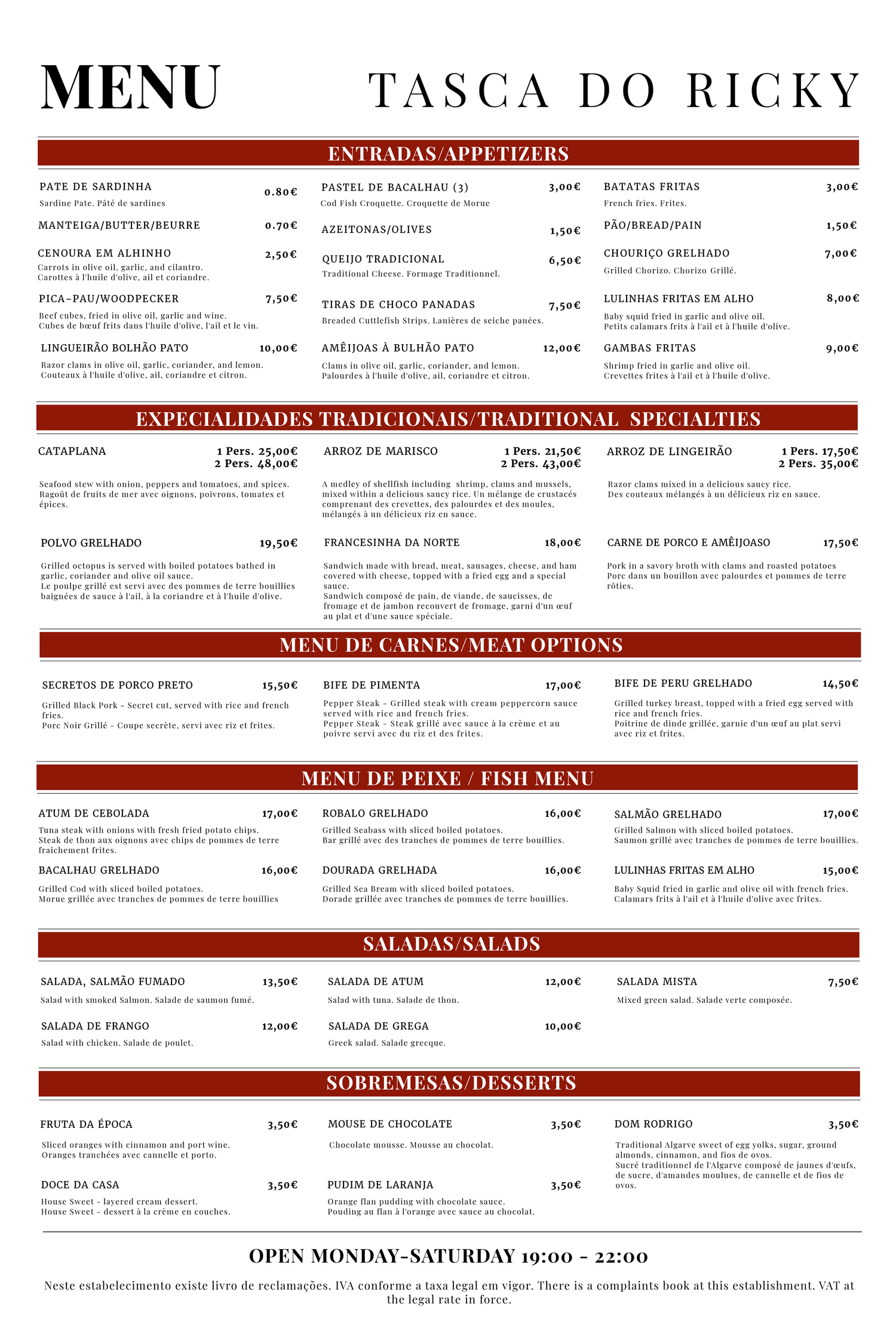 Menu — Tasca do Ricky