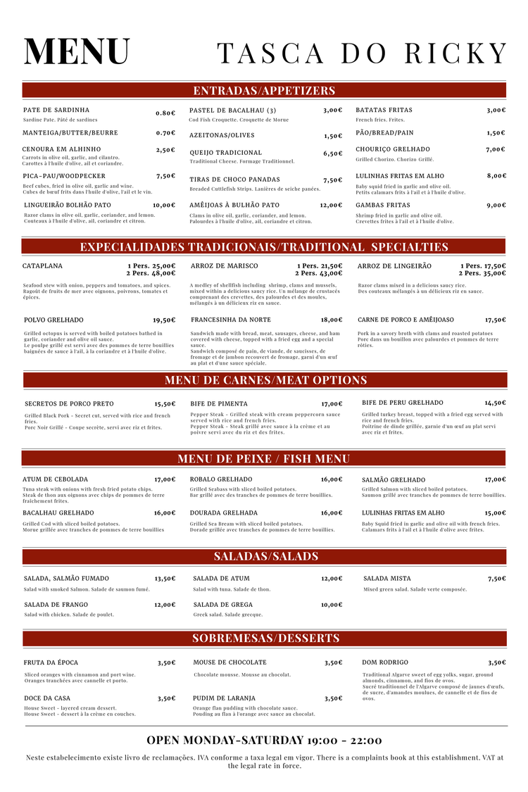 Menu — Tasca do Ricky