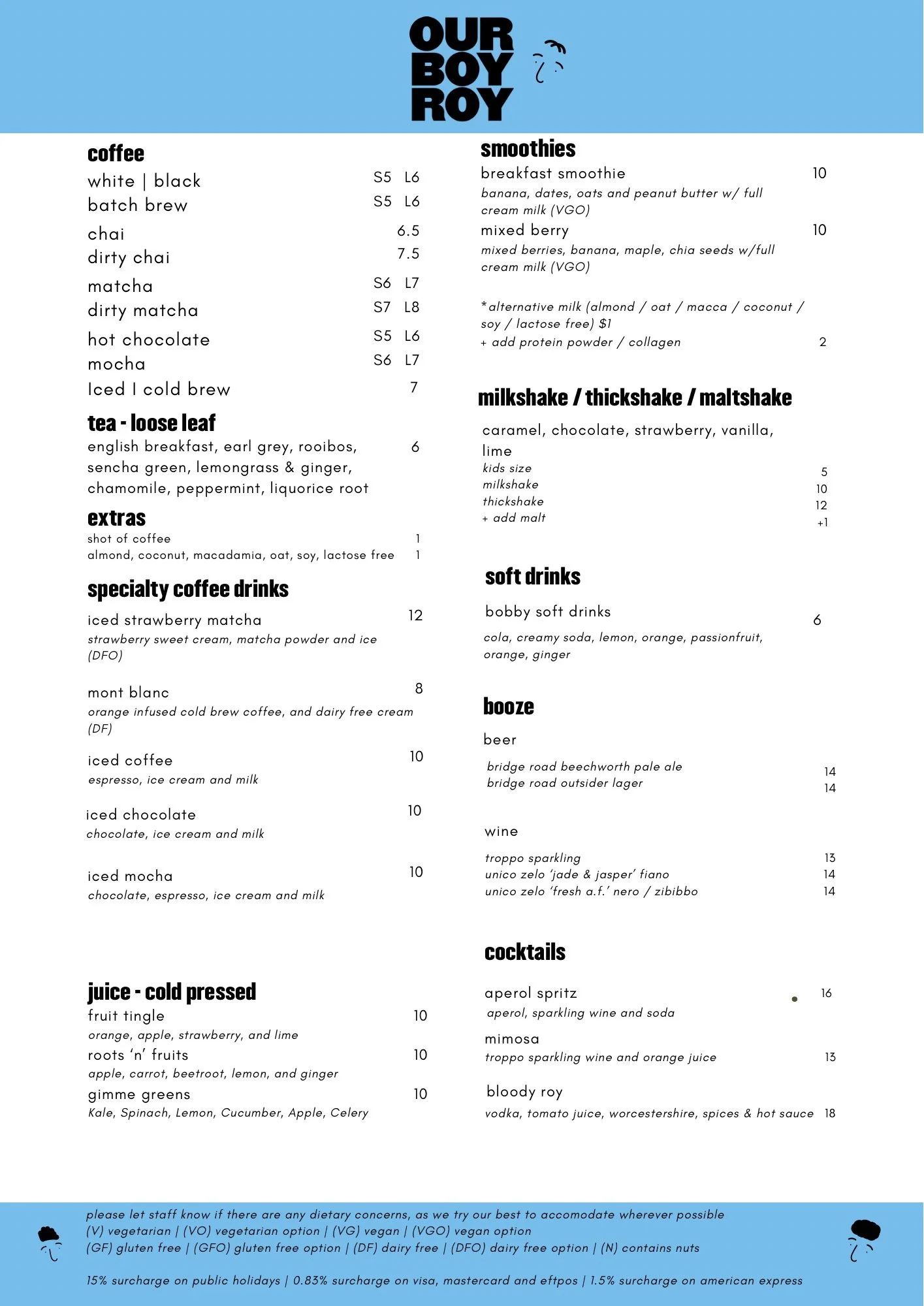 Menu — Our Boy Roy