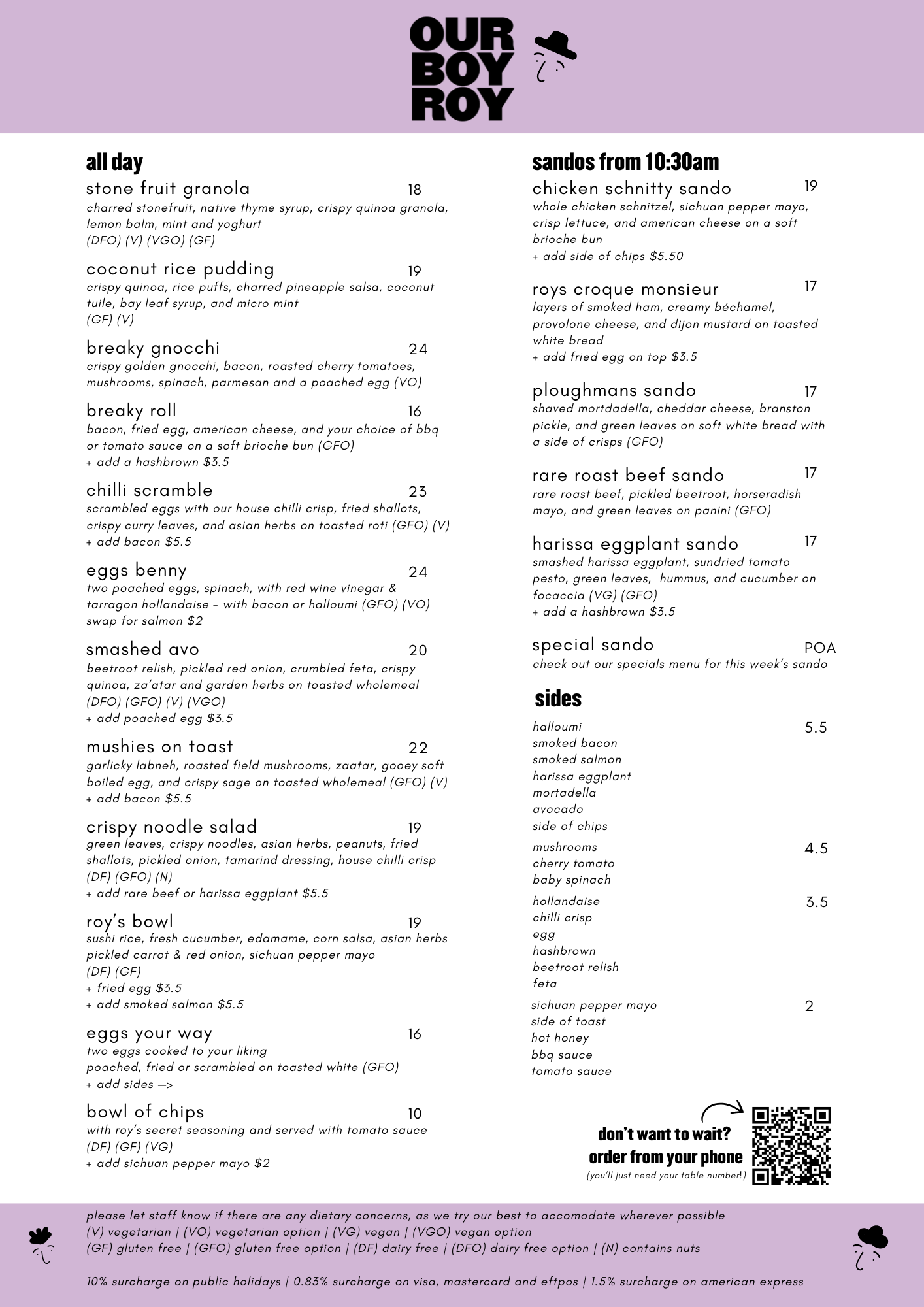 Menu — Our Boy Roy