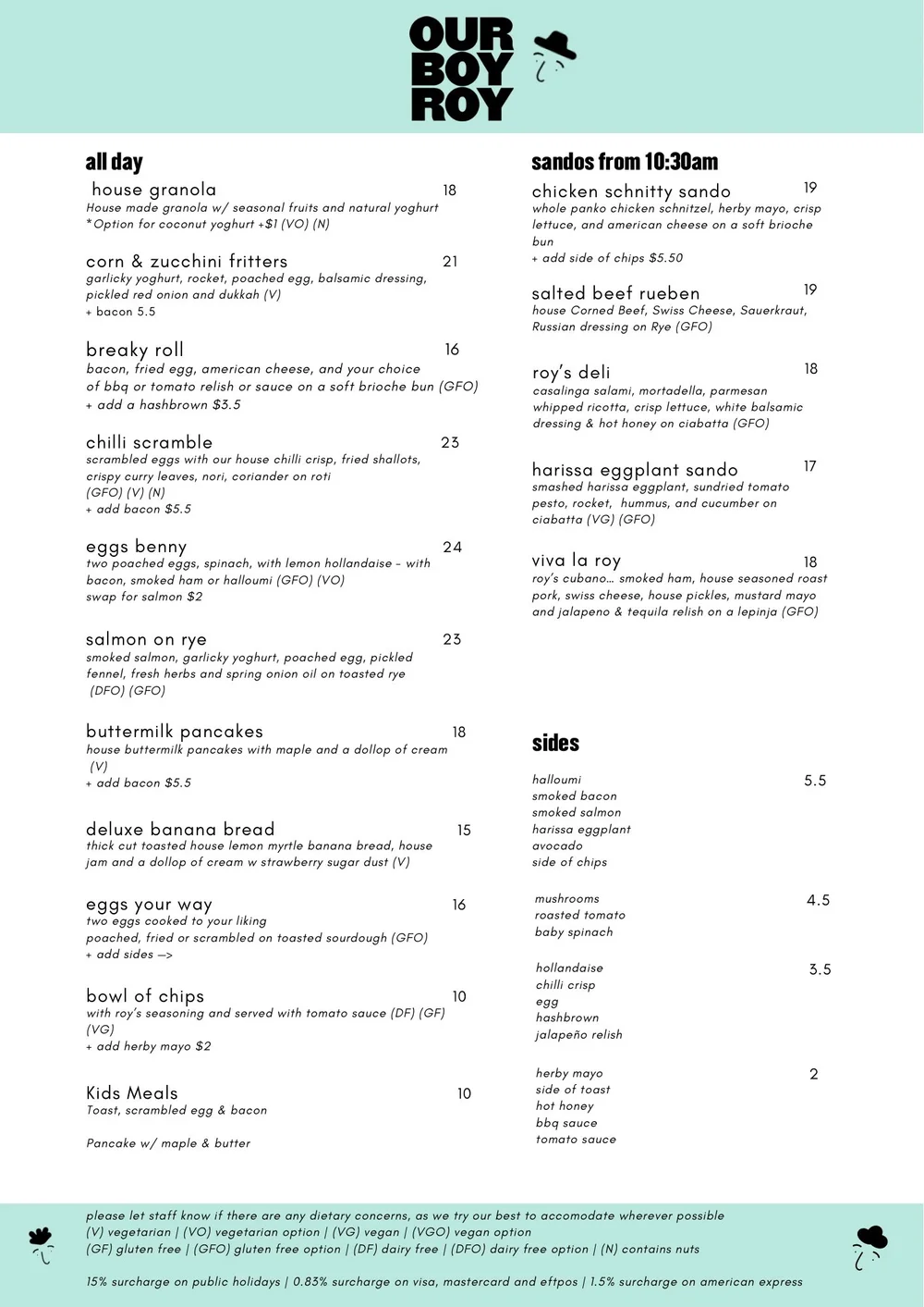 Menu — Our Boy Roy