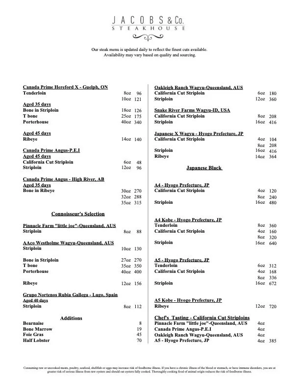 MENU — Jacobs & Co. Steakhouse