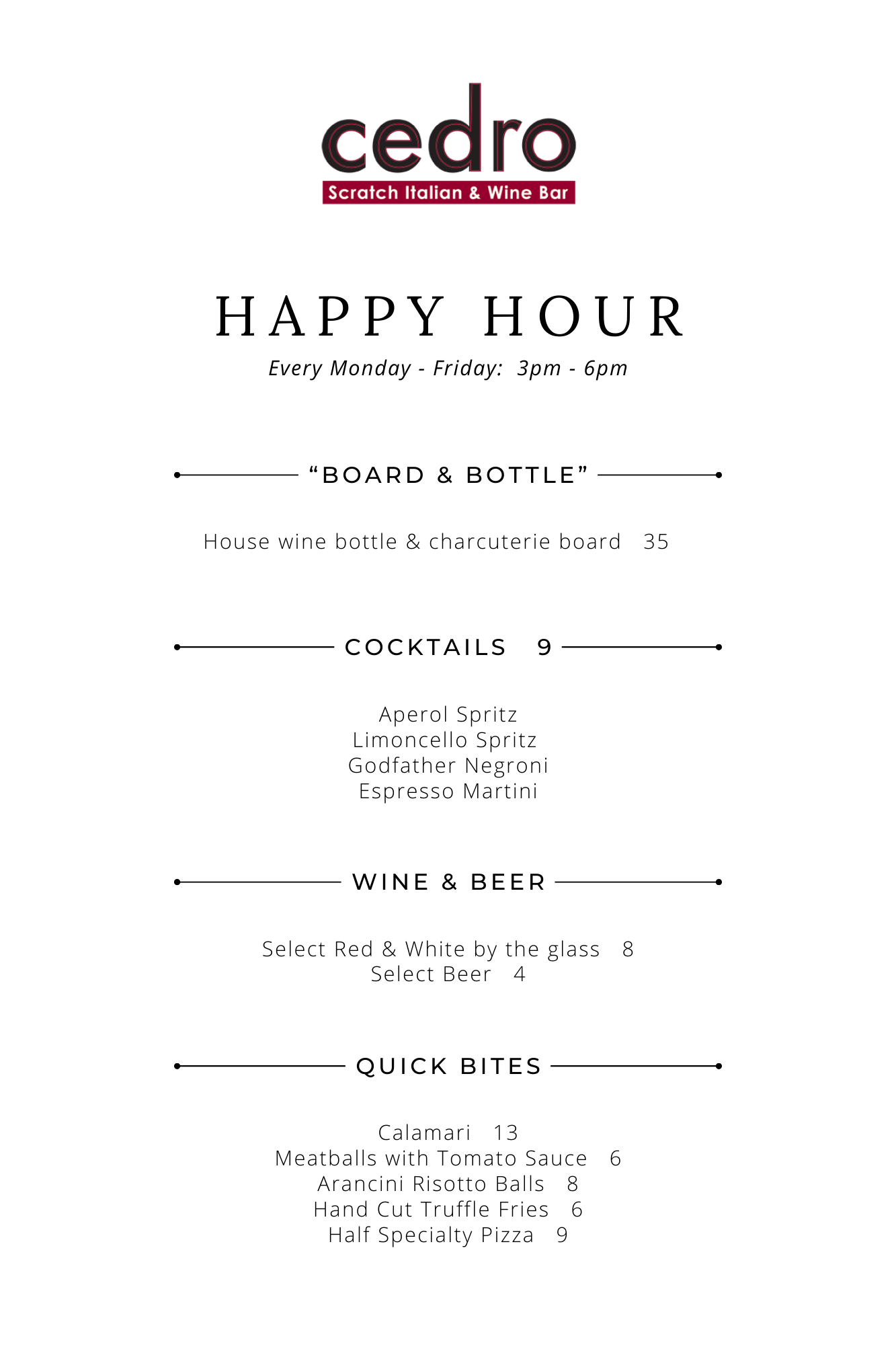 Specials — Cedro Scratch Italian & Wine Bar