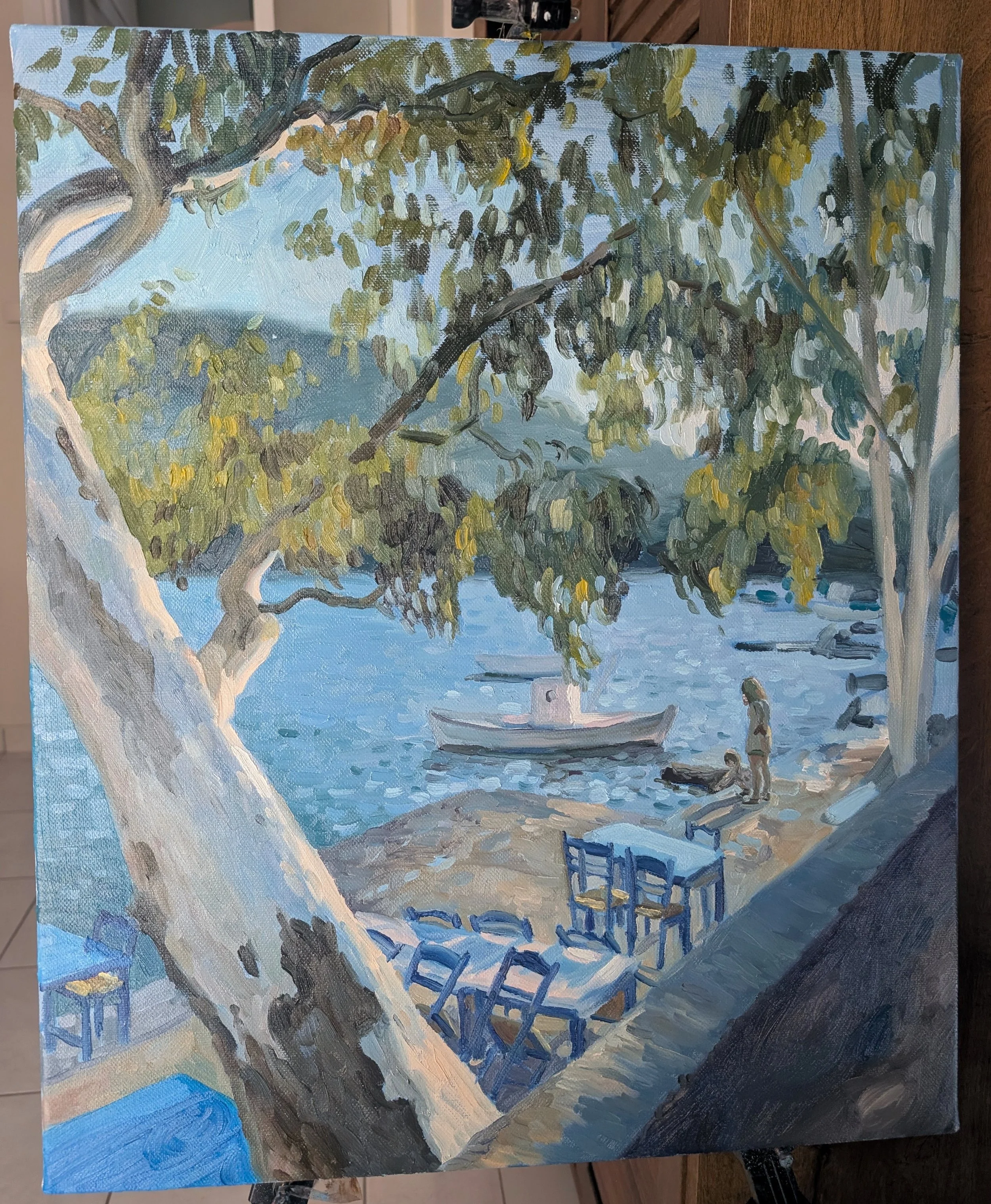 Painting process | Seaside Taverna, Last Light in Vathy | Harriet ...