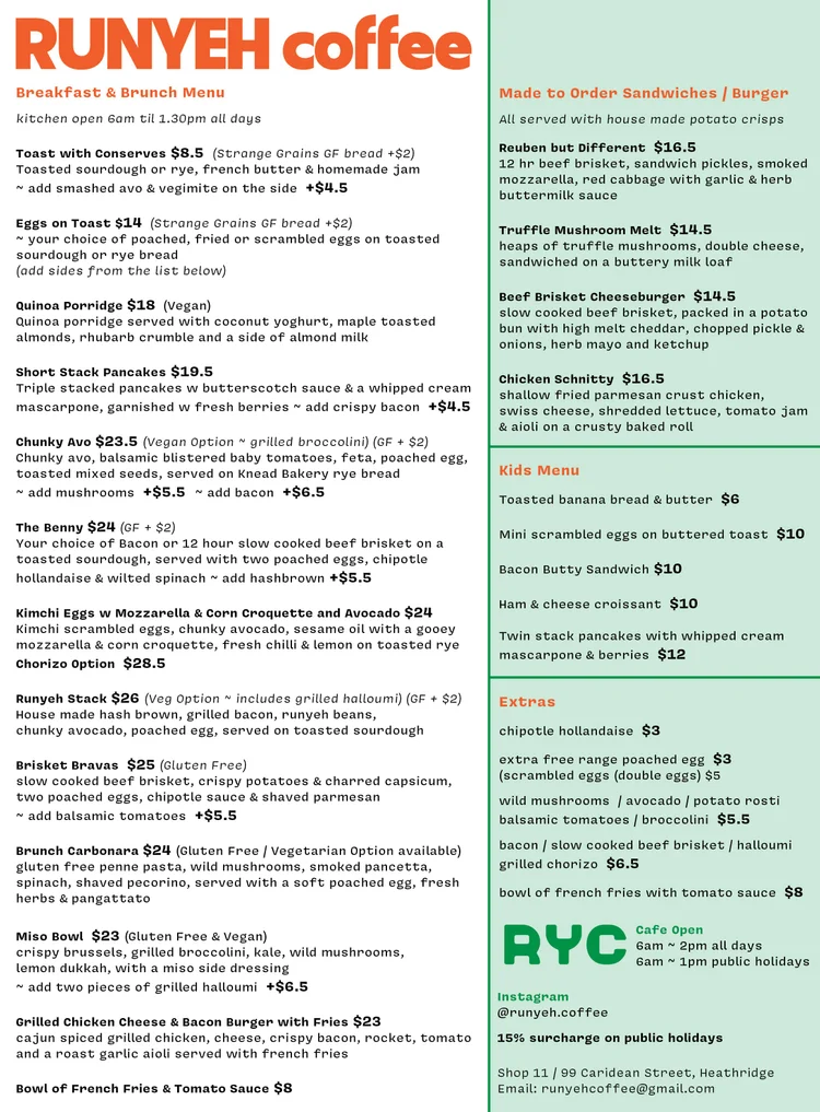 Menu – Best Café Menu in Perth | Specialty Coffee — Runyeh Coffee