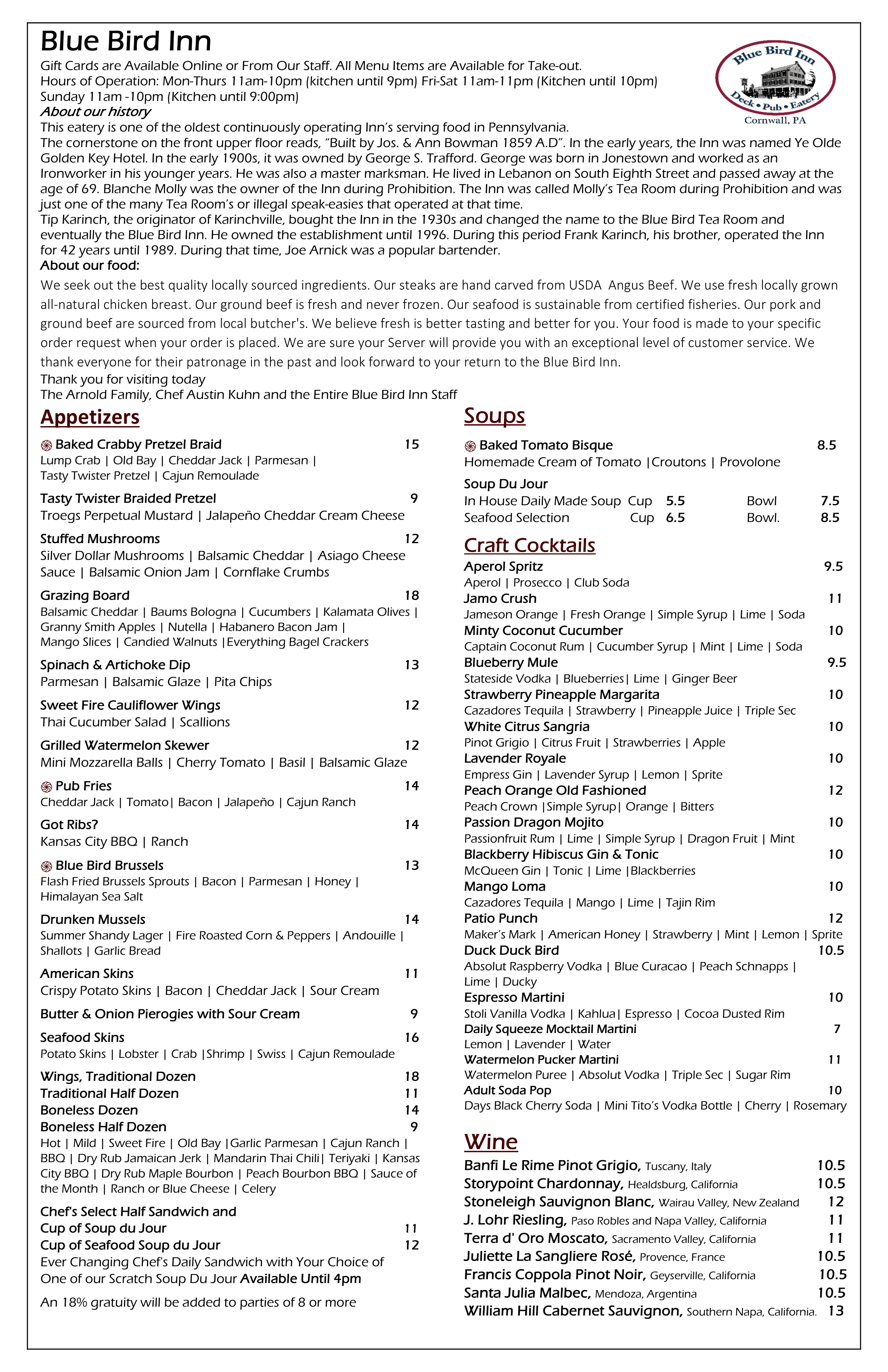 Full Menu — Blue Bird Inn
