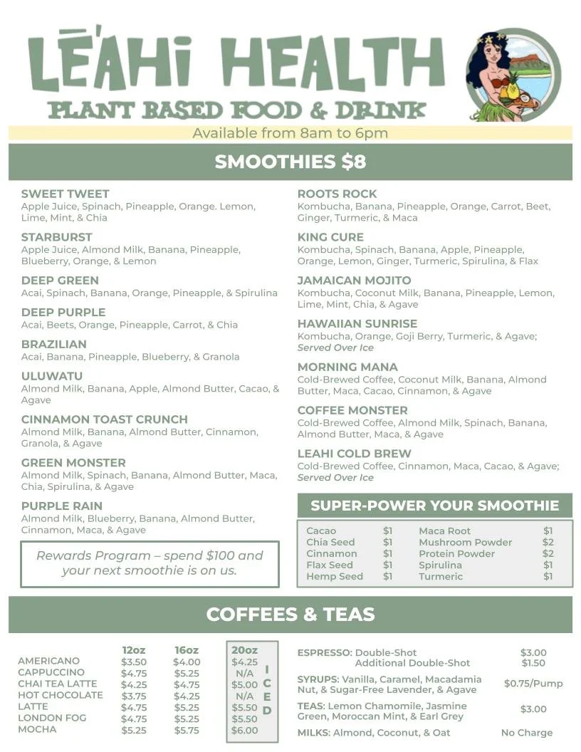 Menu — Lē'ahi Health Cafe in The Villages