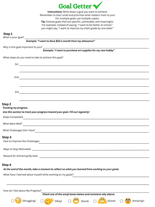 Goal Getter Worksheet — Gottleib's Reality Check Jr.
