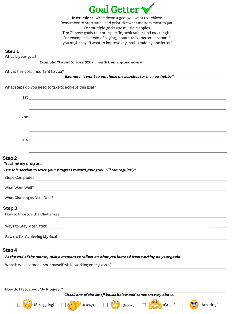 Goal Getter Worksheet — Gottleib's Reality Check Jr.