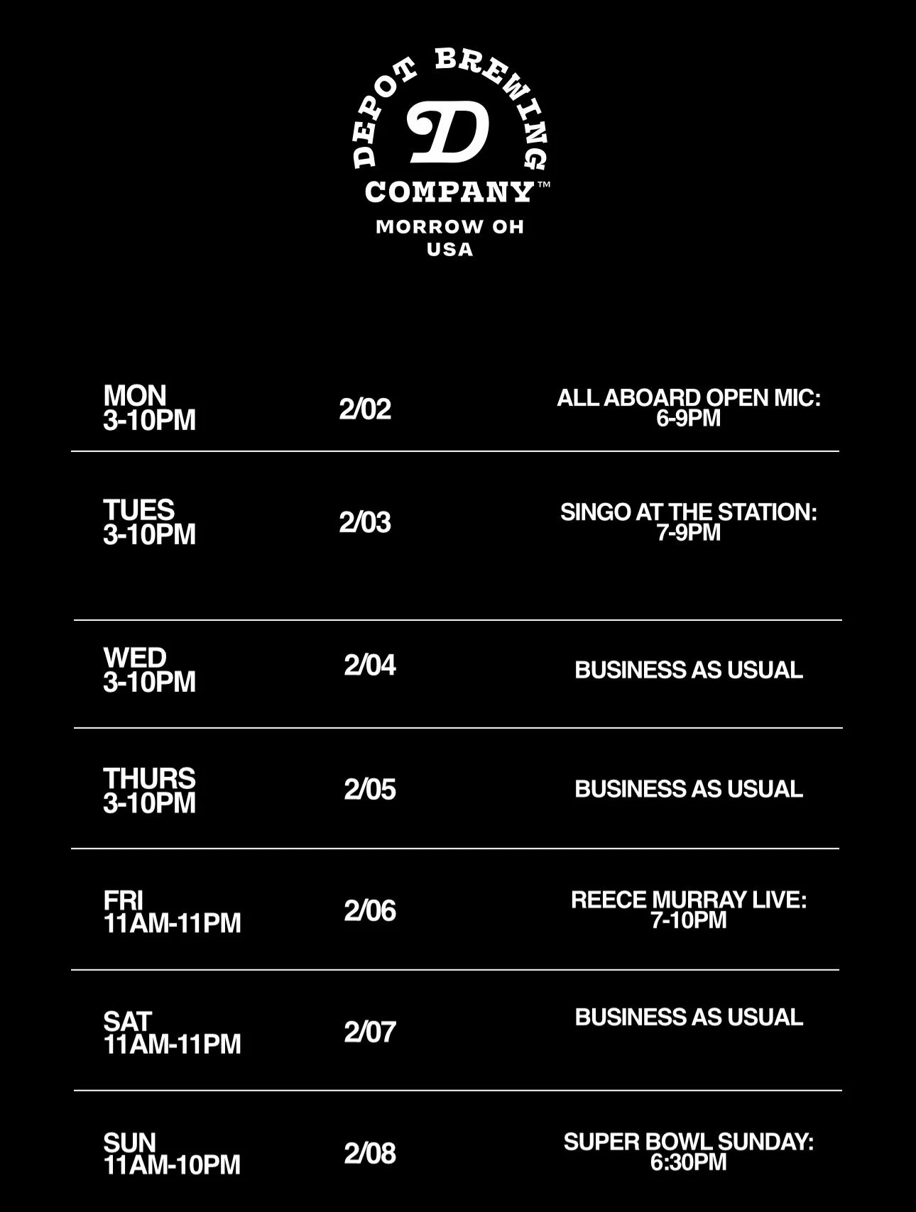 Weekly Schedule — Depot Brewing