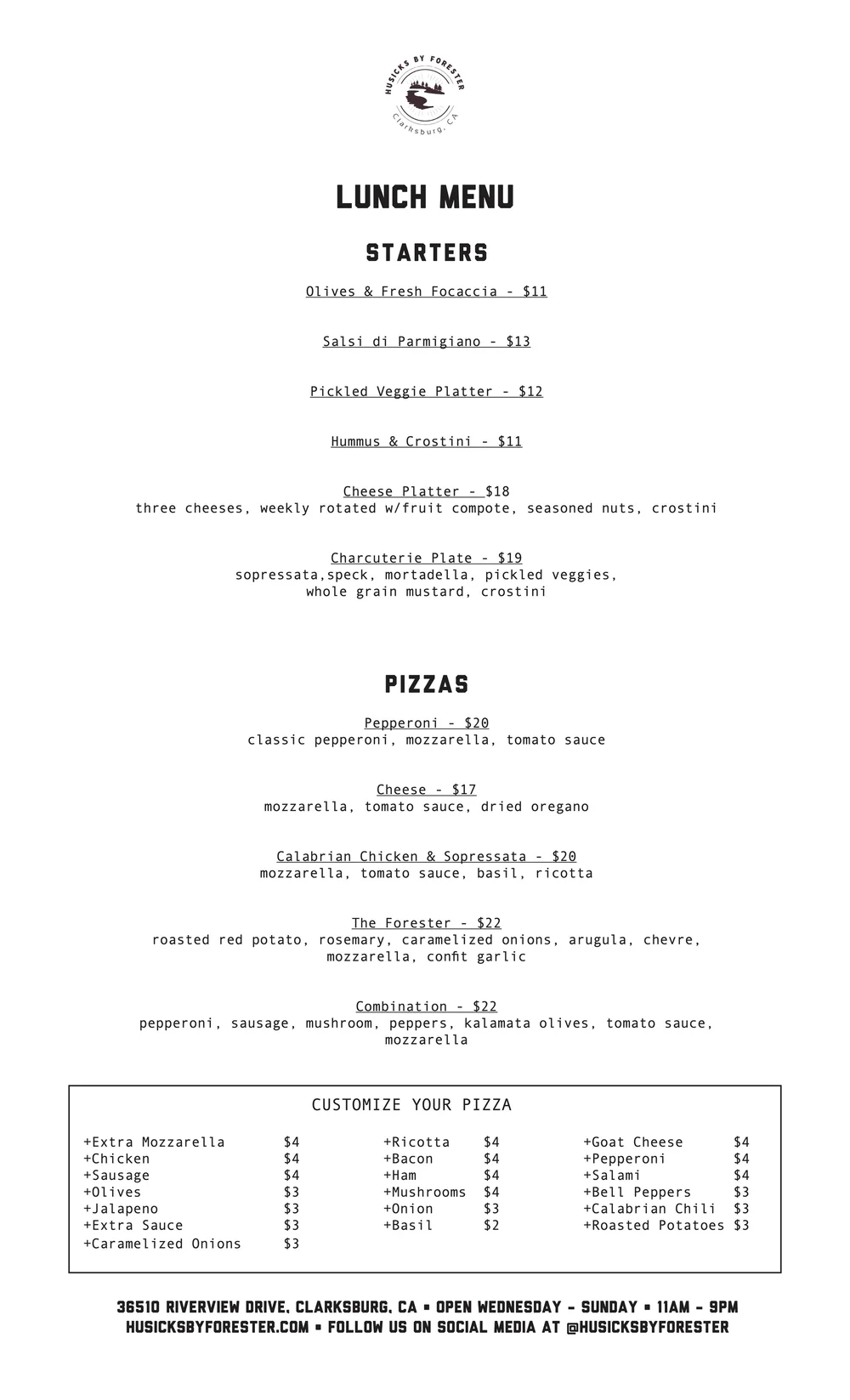 Lunch & Dinner Menus — Husick's By Forester