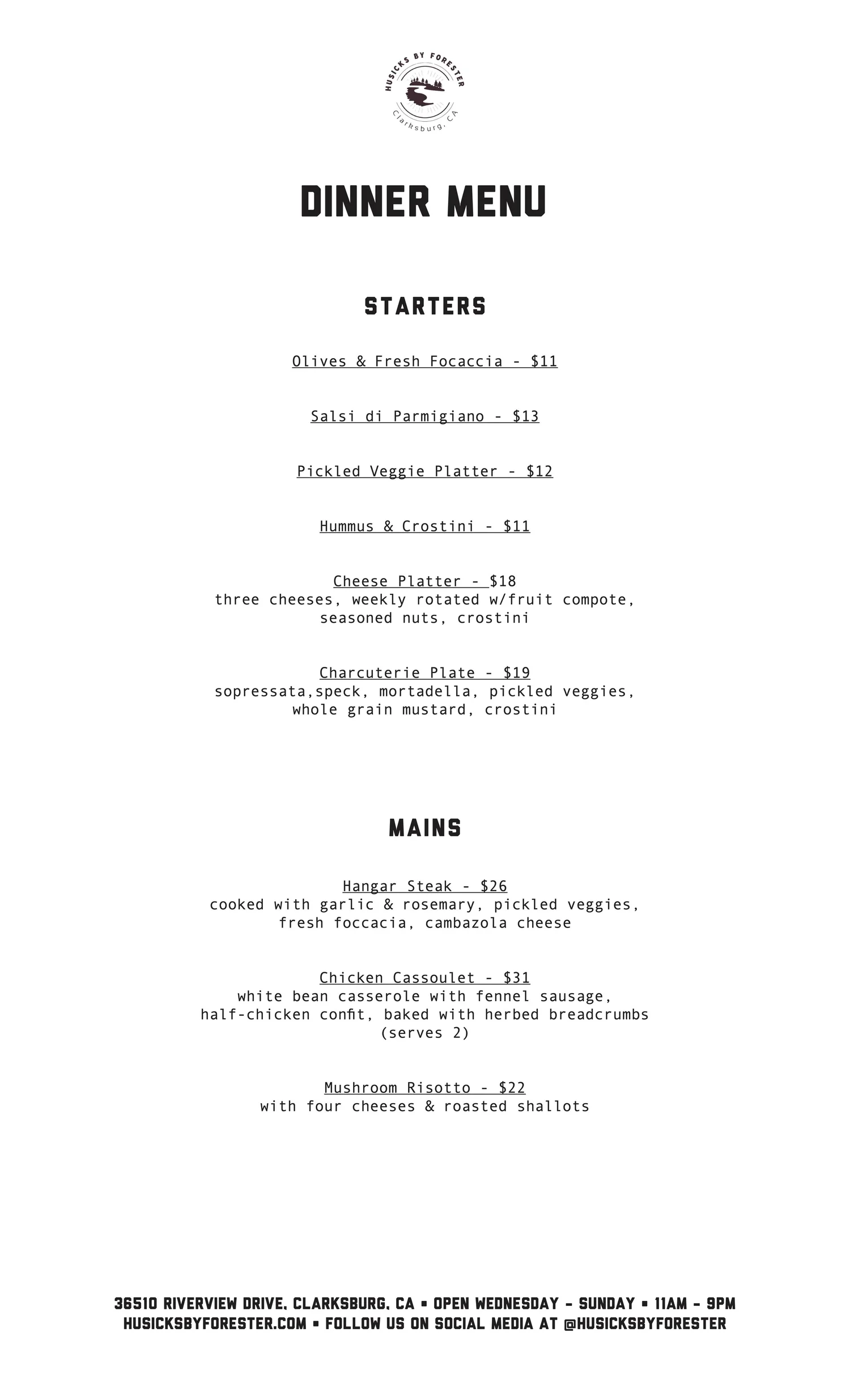 Lunch & Dinner Menus — Husick's By Forester