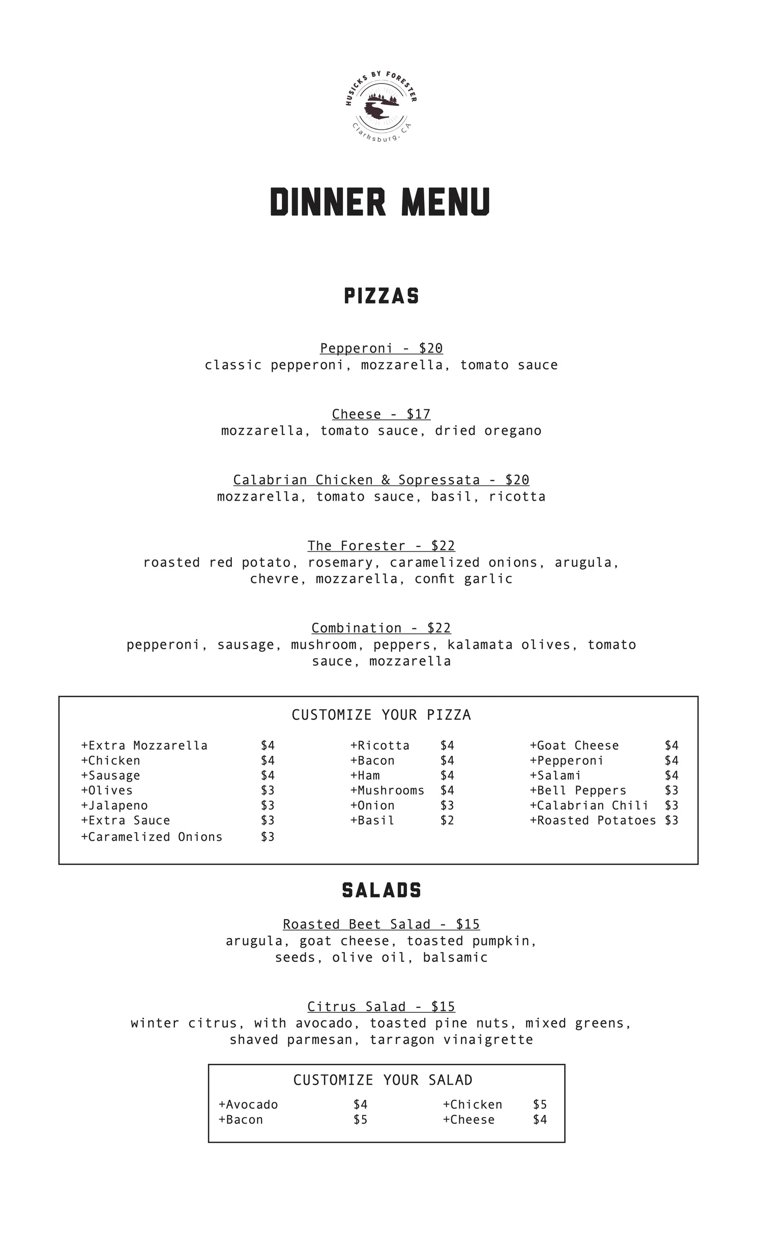 Lunch & Dinner Menus — Husick's By Forester