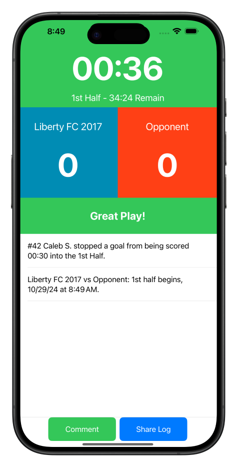 Soccer Game Log – Free Youth Sideline Scoreboard & Stats