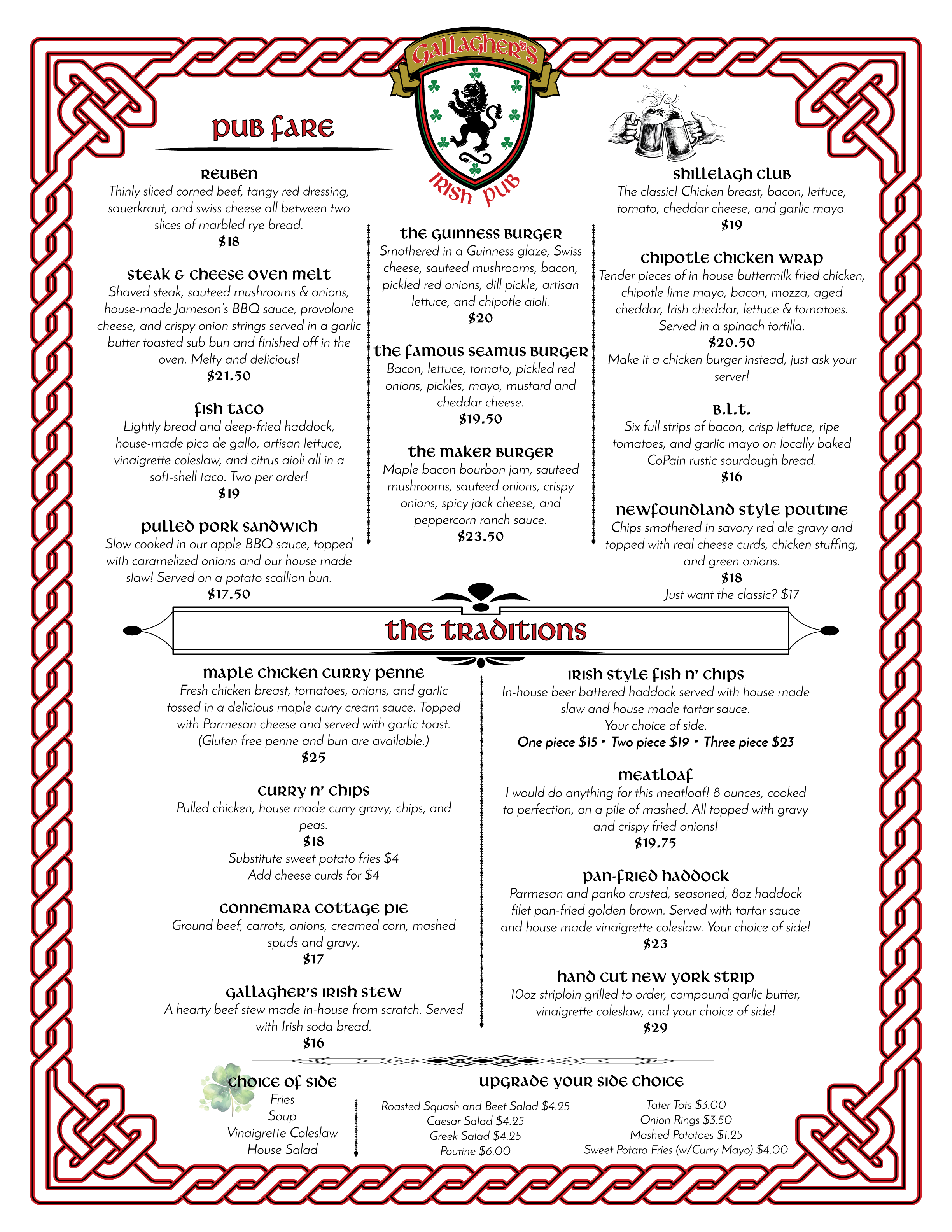 Dinner Menu — GALLAGHER'S IRISH PUB