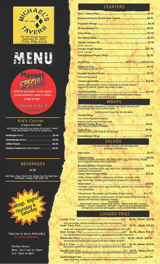 lunch and dinner menu MIchael's Tavern mcdonald PA — Michael's Tavern