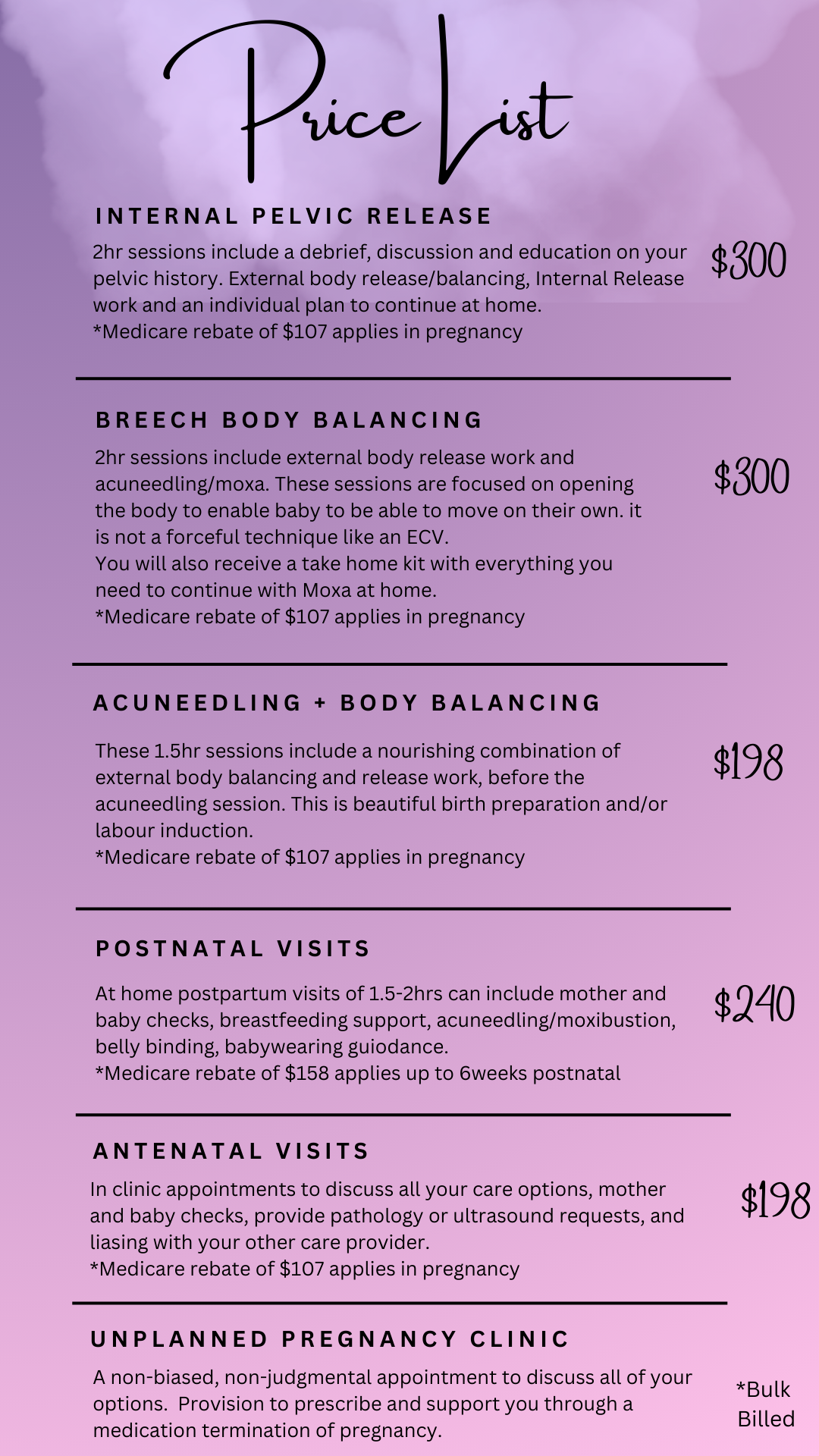 Price Guide — Sirènè Women's Services