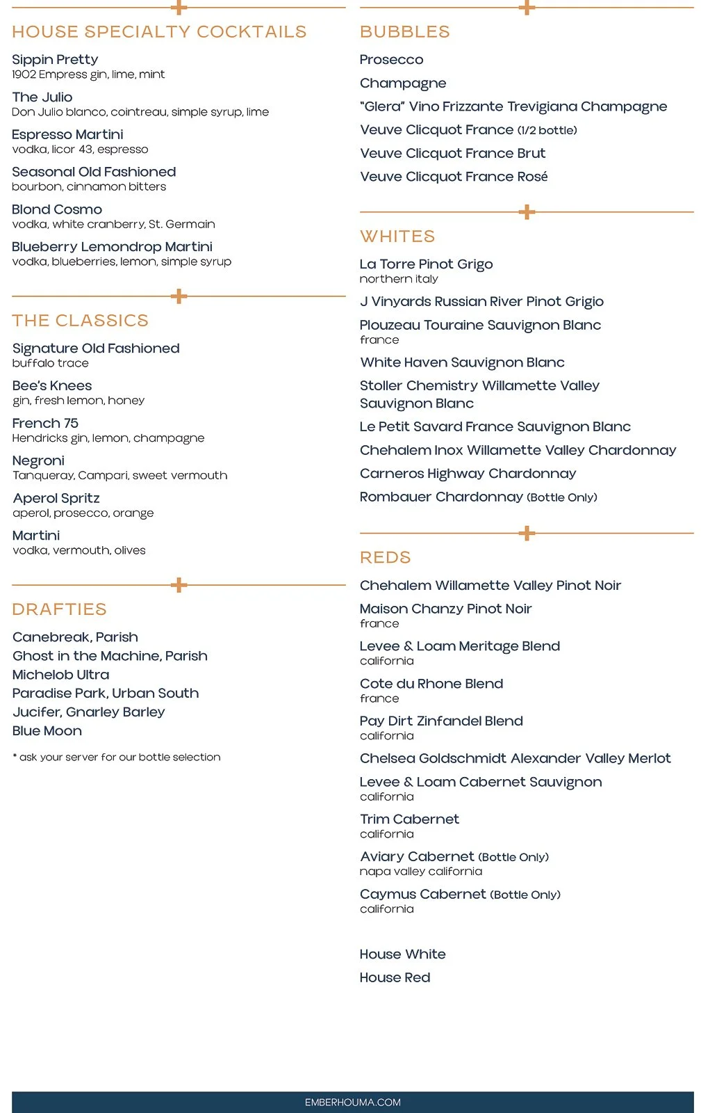 Menu - Ember Kitchen + Cocktails — Your Site Title