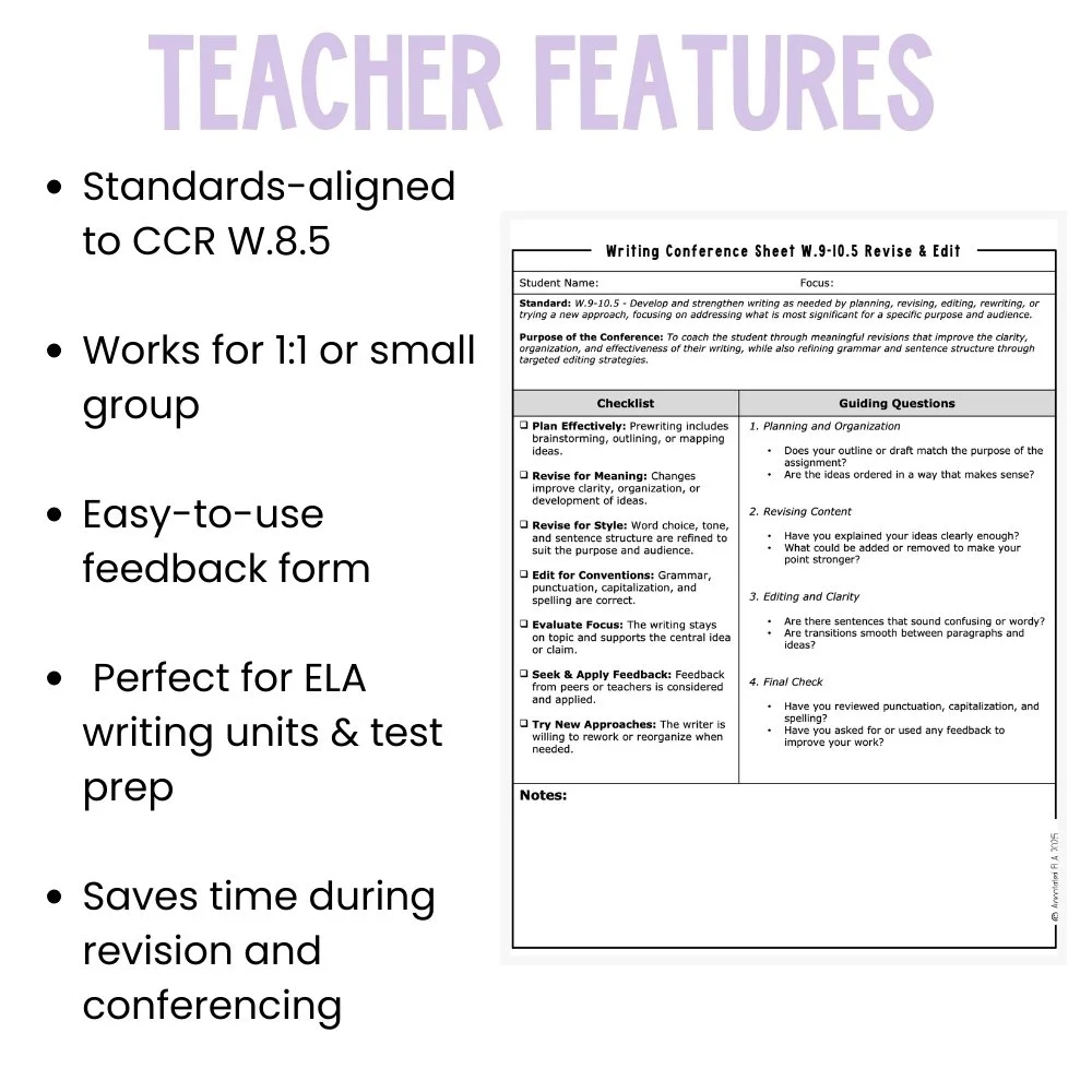 Revision Checklist Middle School W.8.5 | Editing Conference Form | 8th ...