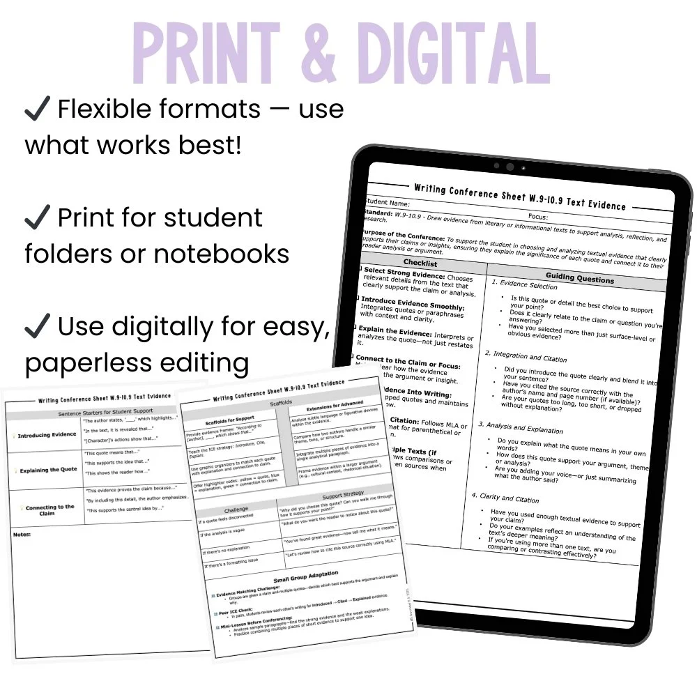 Textual Evidence Conference Sheet W.8.9 | Citing Evidence Checklist ...