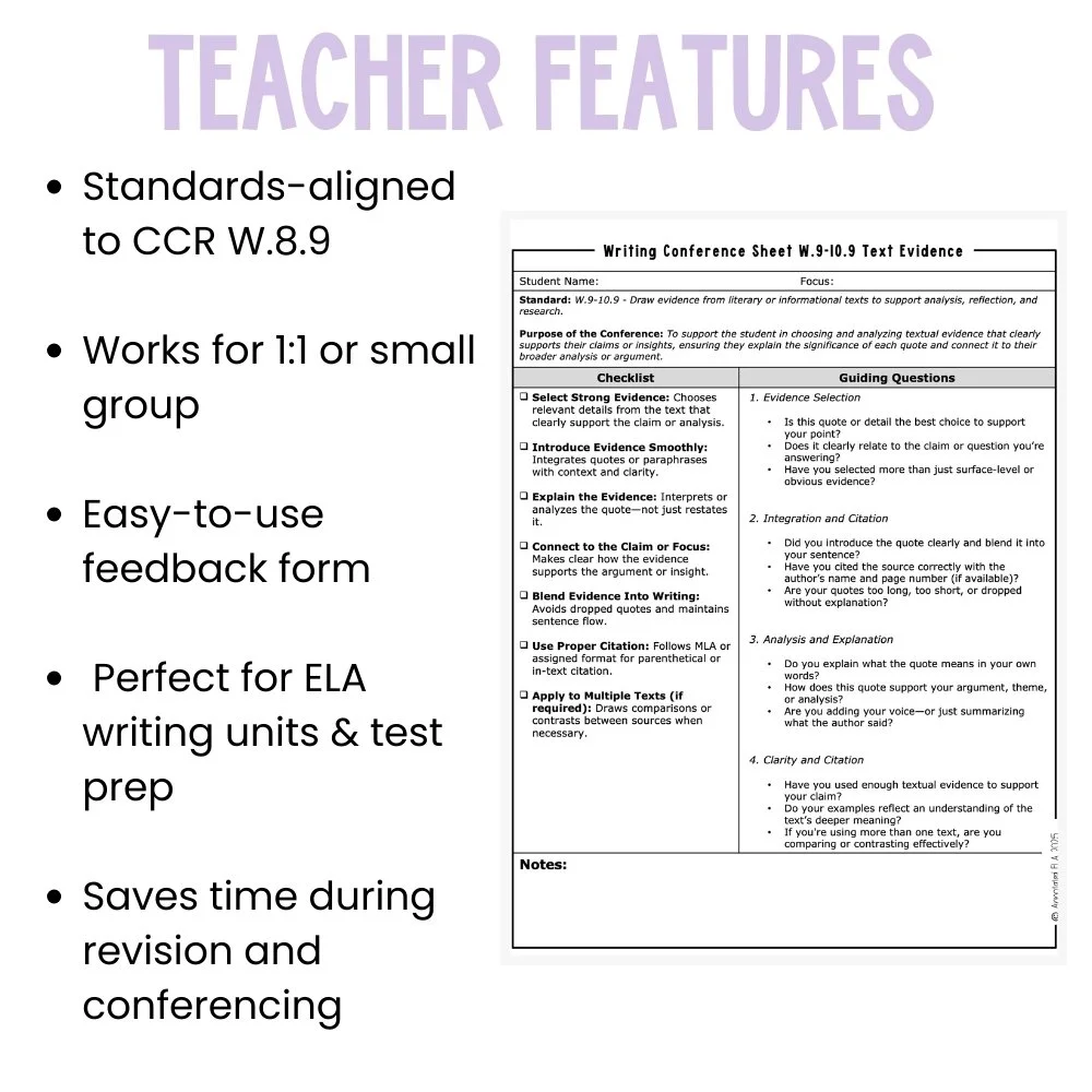 Textual Evidence Conference Sheet W.8.9 | Citing Evidence Checklist ...