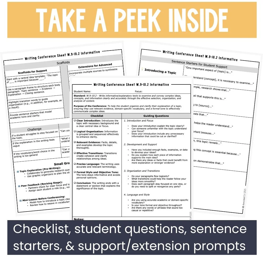 Writing Conference Sheet Bundle | Argumentative, Informative, and ...