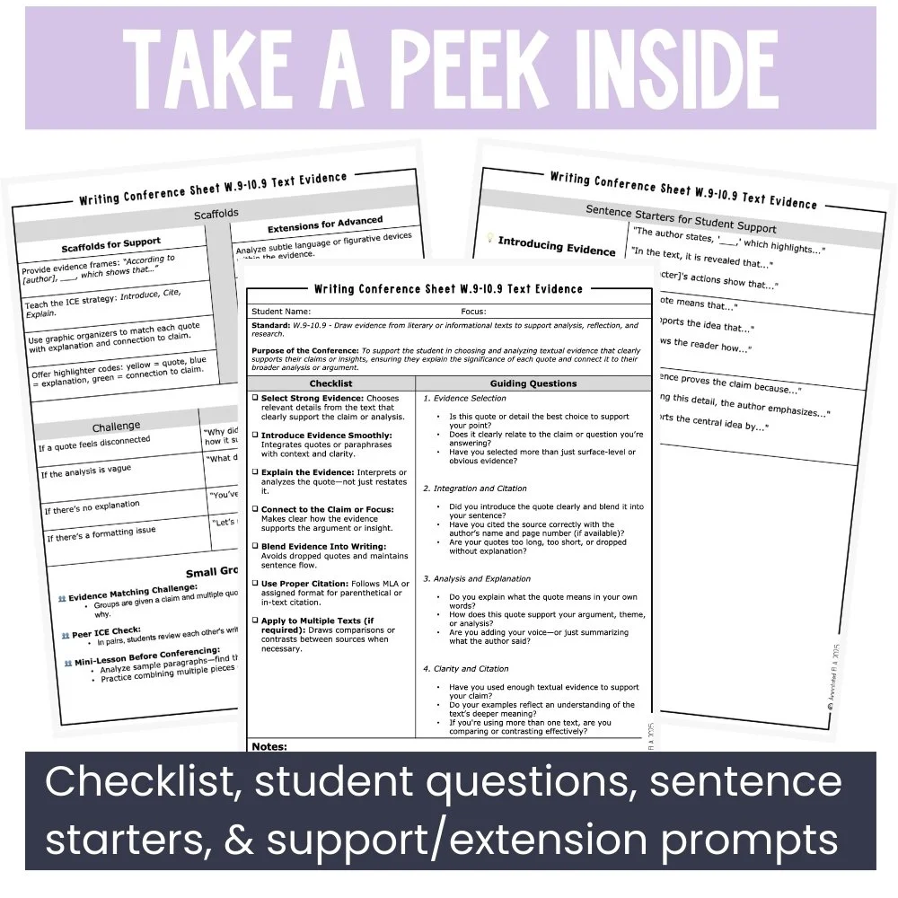 Textual Evidence Conference Sheet W.8.9 | Citing Evidence Checklist ...
