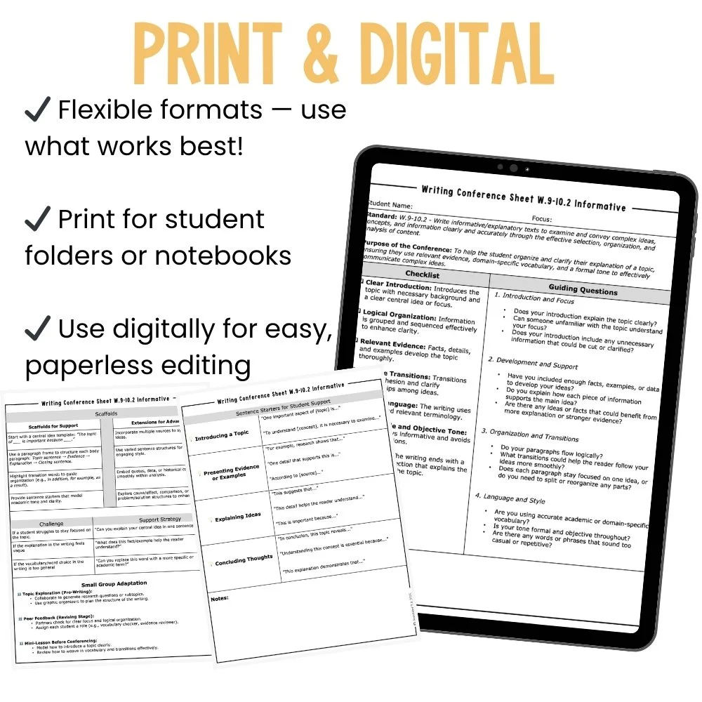 Writing Conference Sheet Bundle | Argumentative, Informative, and ...