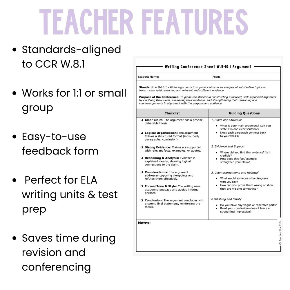 Argumentative Writing Conference Sheet W.8.1 | Claim & Evidence ...