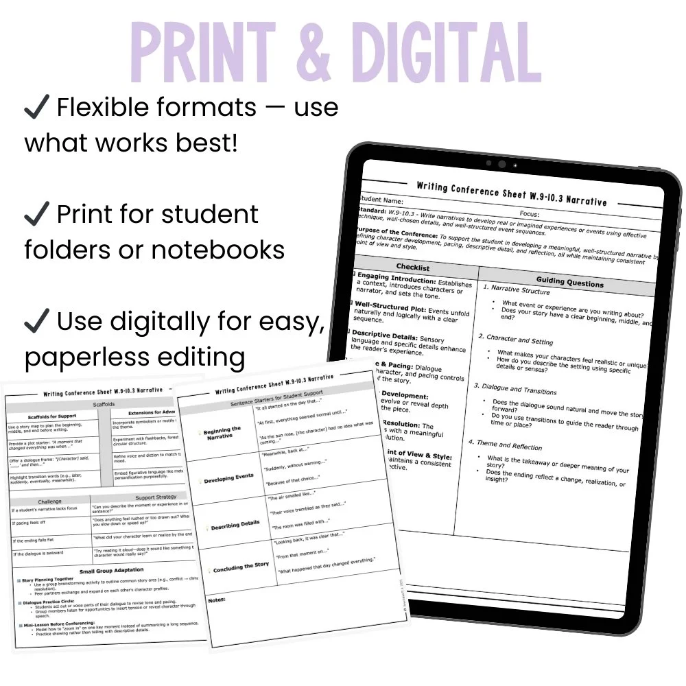 Narrative Writing Conference Form W.8.3 | Personal Narrative Checklist ...