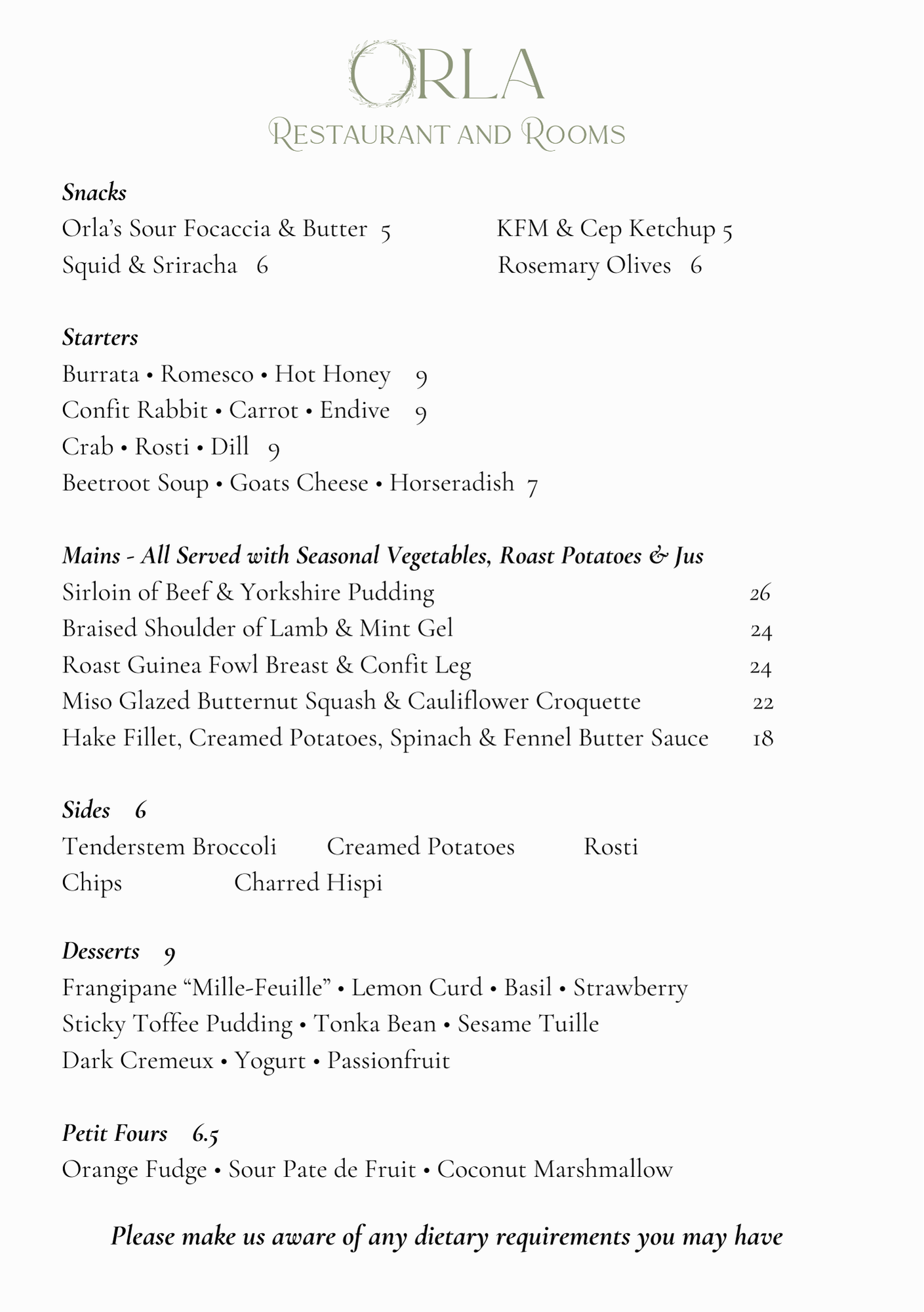 Sample Menu — Orla