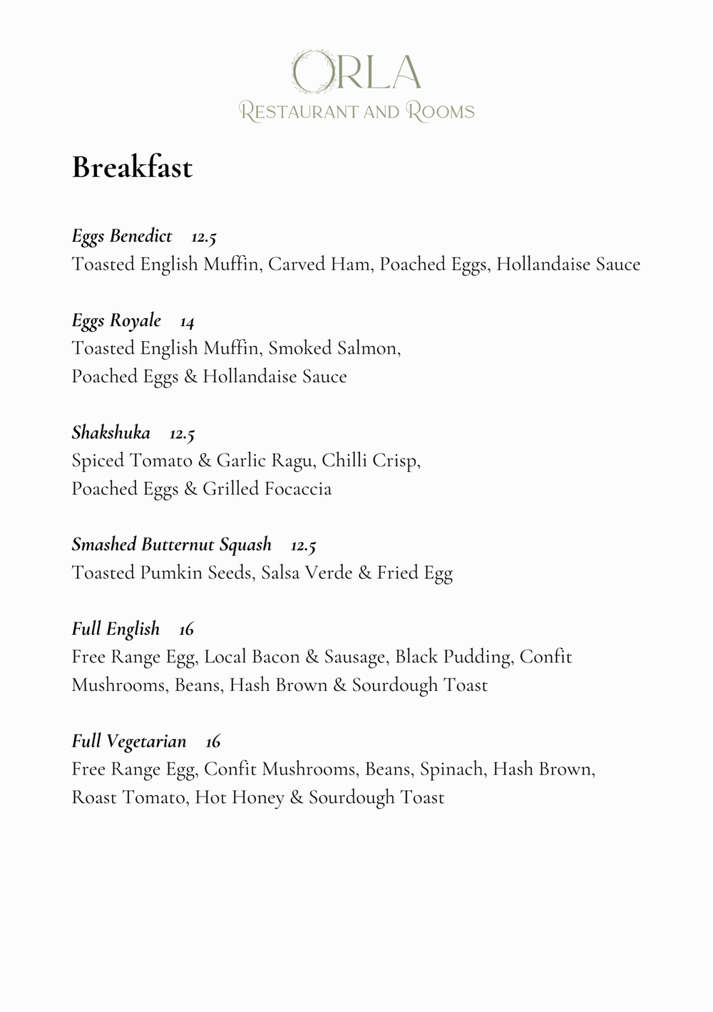 Sample Menu — Orla