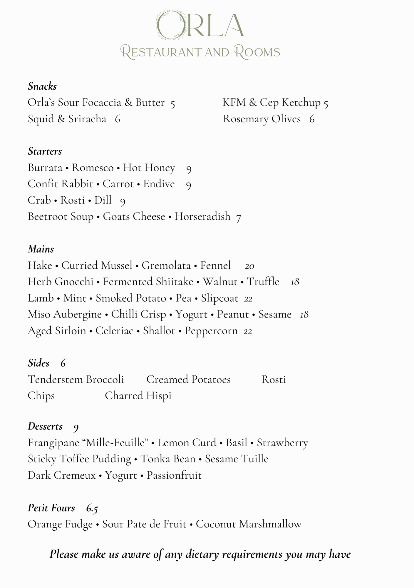 Sample Menu — Orla