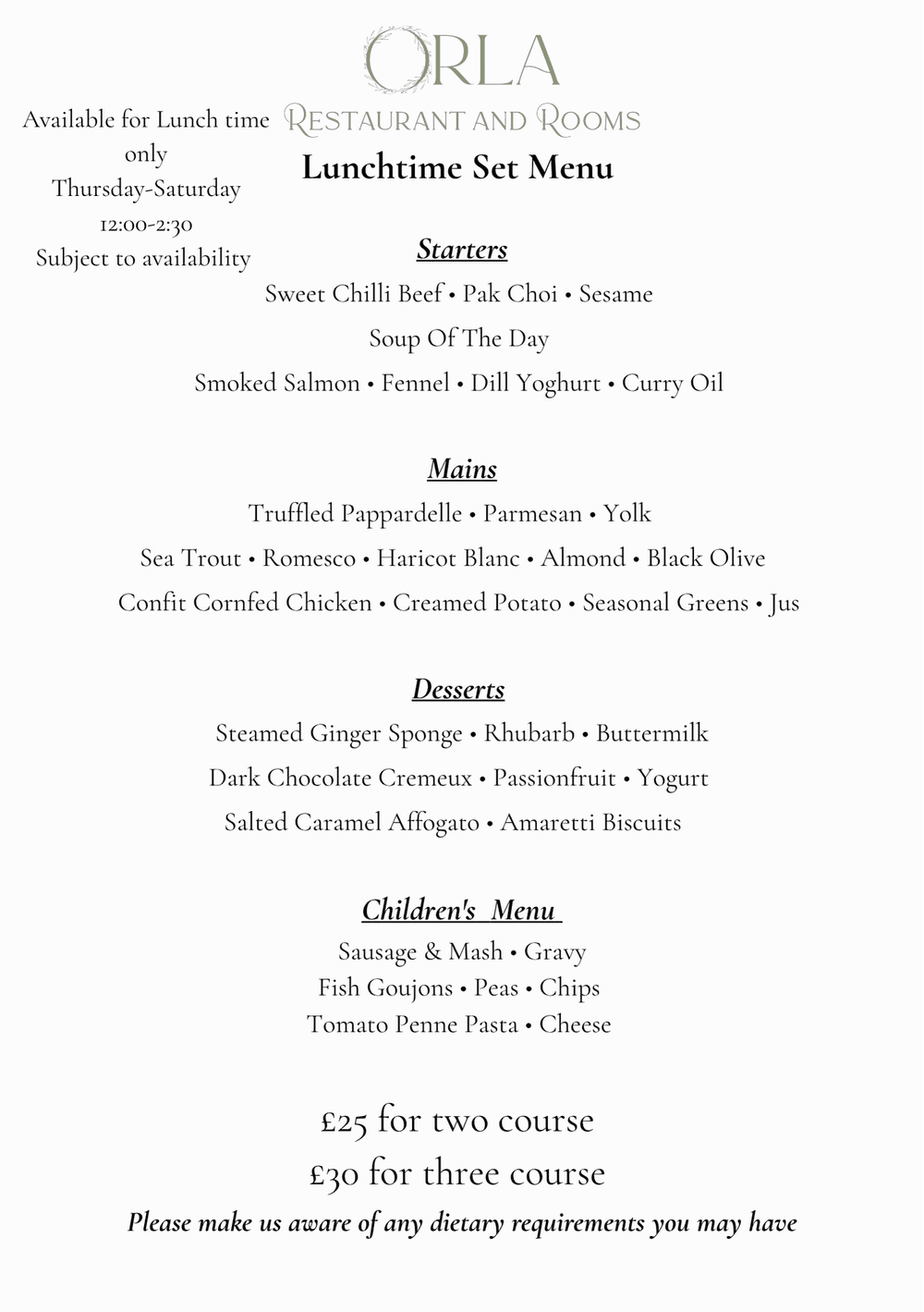 Sample Menu | Discover Our Menu — Reserve Now — Orla