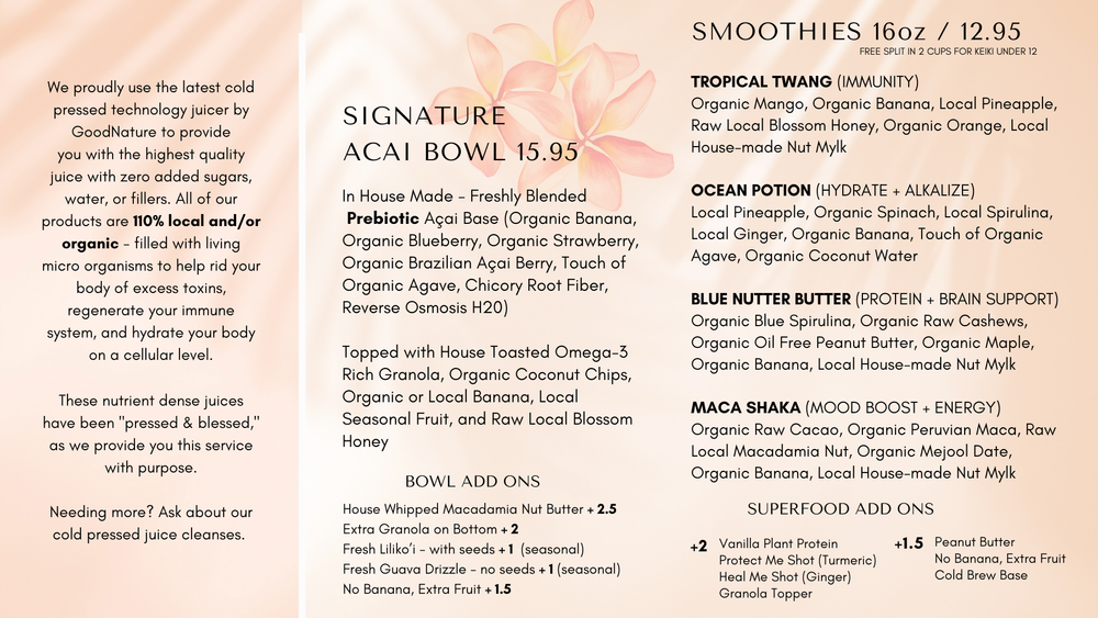 Menu 1 — Maui Juice Co. - Maui, Hawaii
